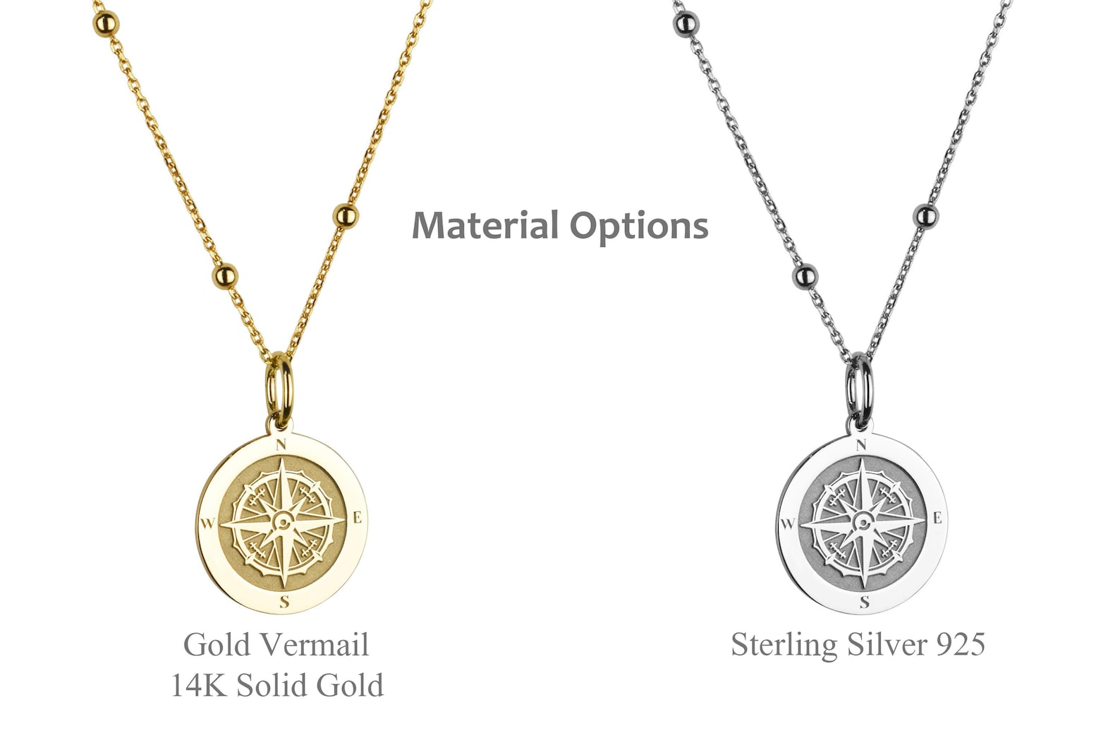 14k Solid Gold Compass Necklace, Personalized North Star Charm, Compass ...