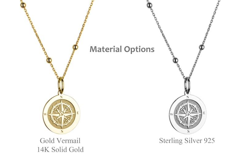 14k Solid Gold Compass Necklace, Personalized North Star Charm, Compass ...