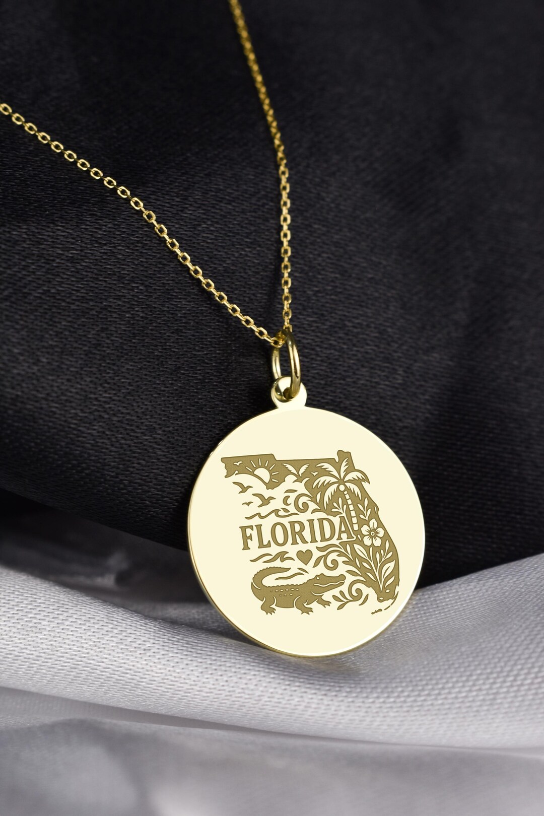 14K Solid Gold Florida Necklace, Sunshine State Charm, Personalized ...