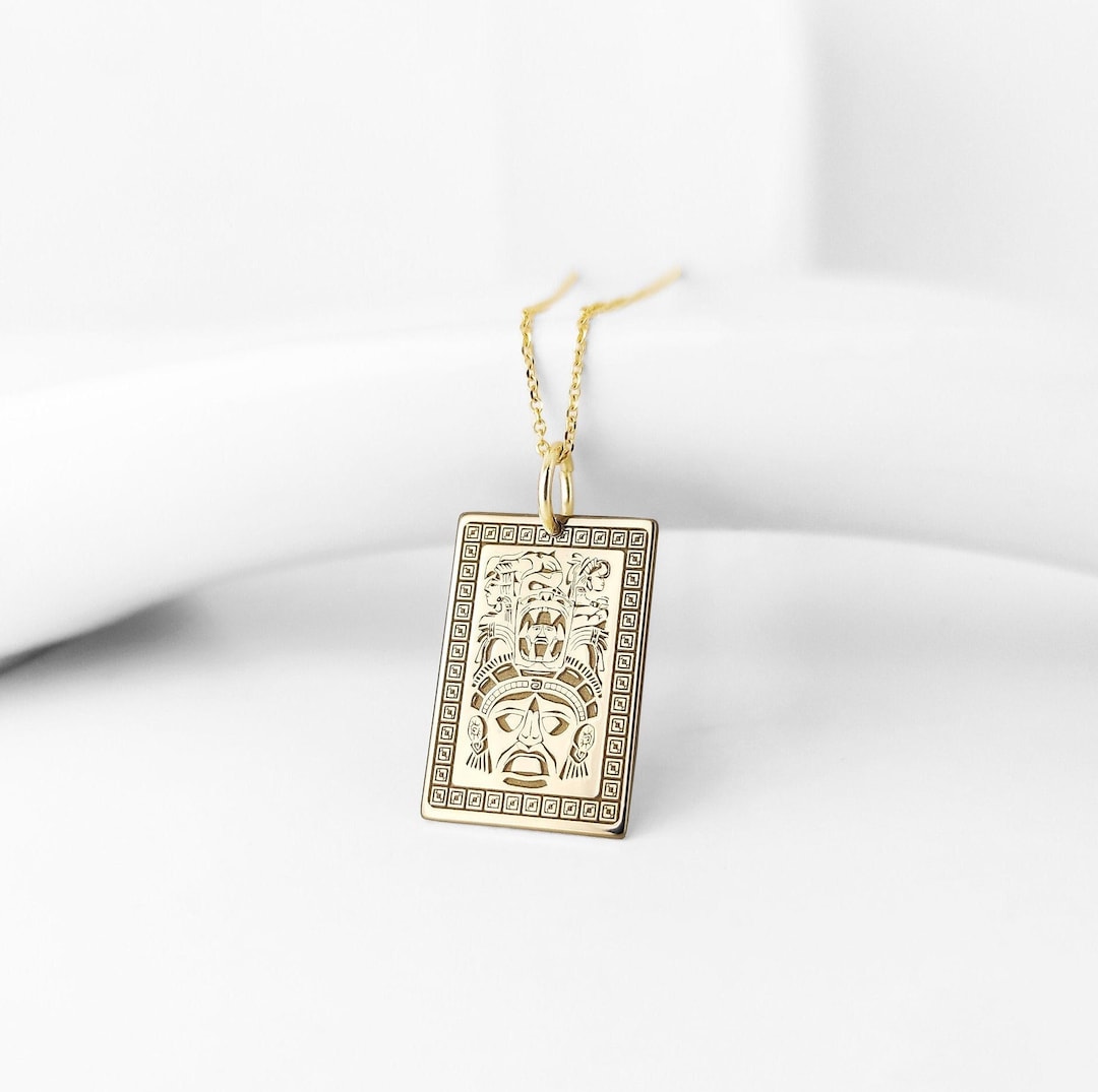 14K Real Gold Aztec Mayan Necklace, Gold Mexican Aztec Calendar Pendant ...