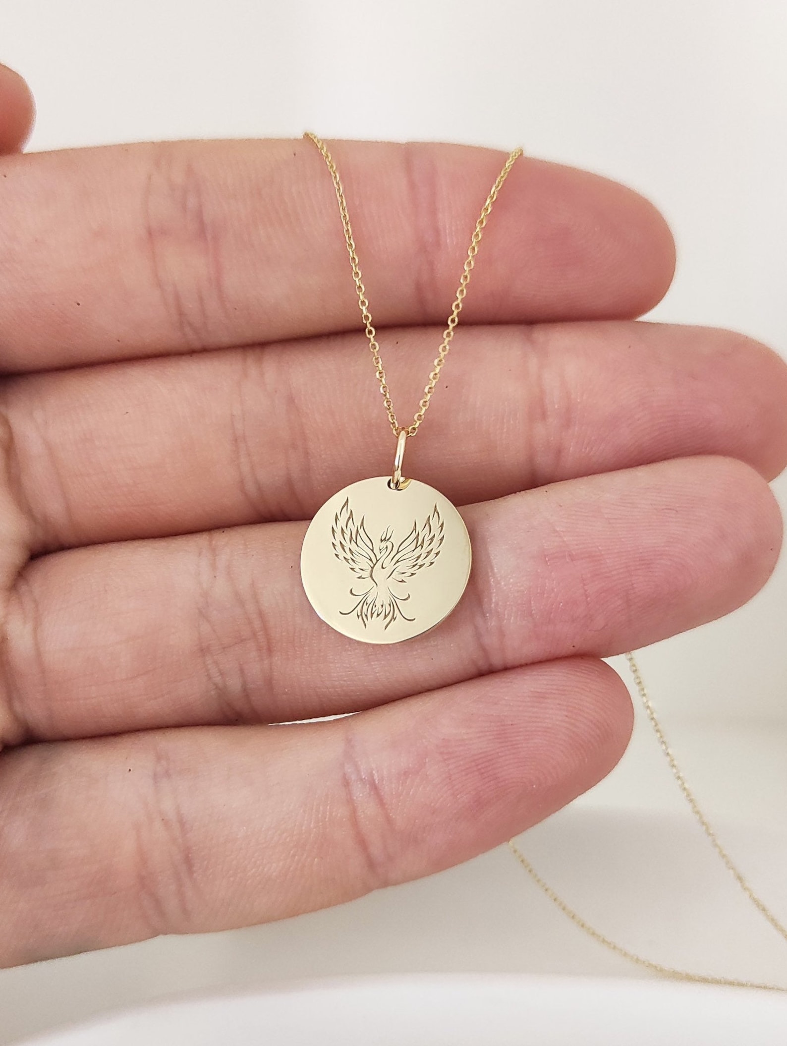 14K Real Solid Gold Phoenix Necklace Dainty Gold Phoenix Disc - Etsy
