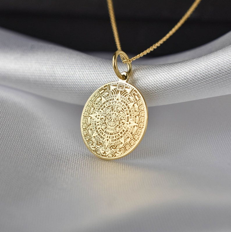 14K Real Gold Mayan Calendar Necklace, Gold Aztec Calendar Coin ...