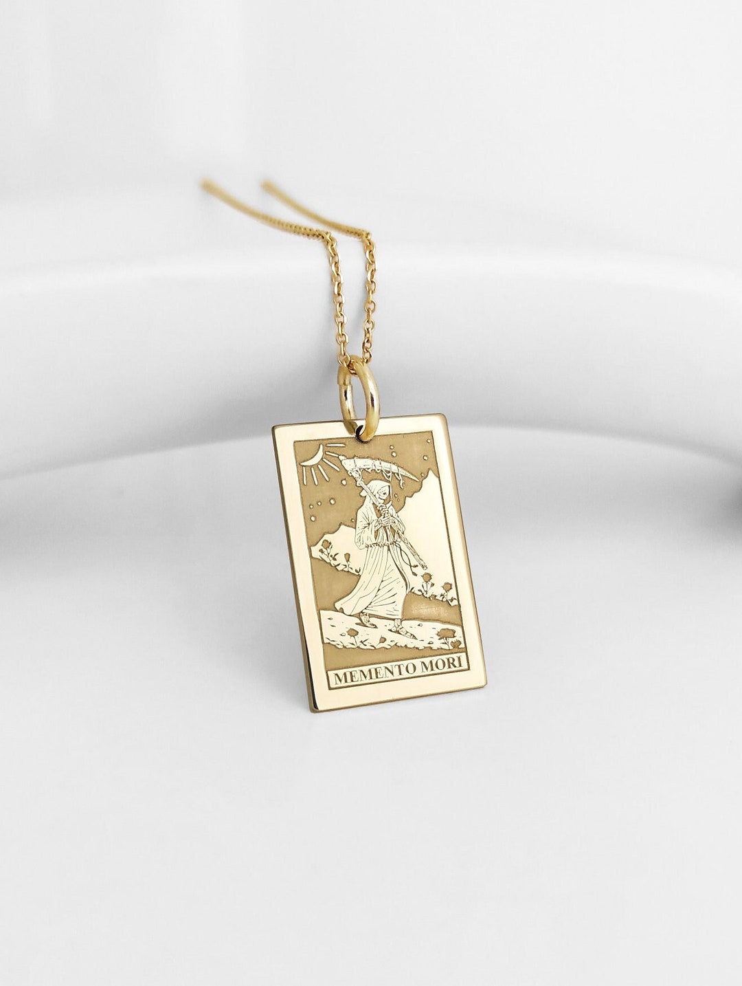 14K Solid Gold Memento Mori Tarot Card Pendant, Gold Amor Fati Necklace ...