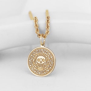 14K Gold Pirate Coin Rope Chain Necklace, Cursed Aztec Charm, Caribbean ...