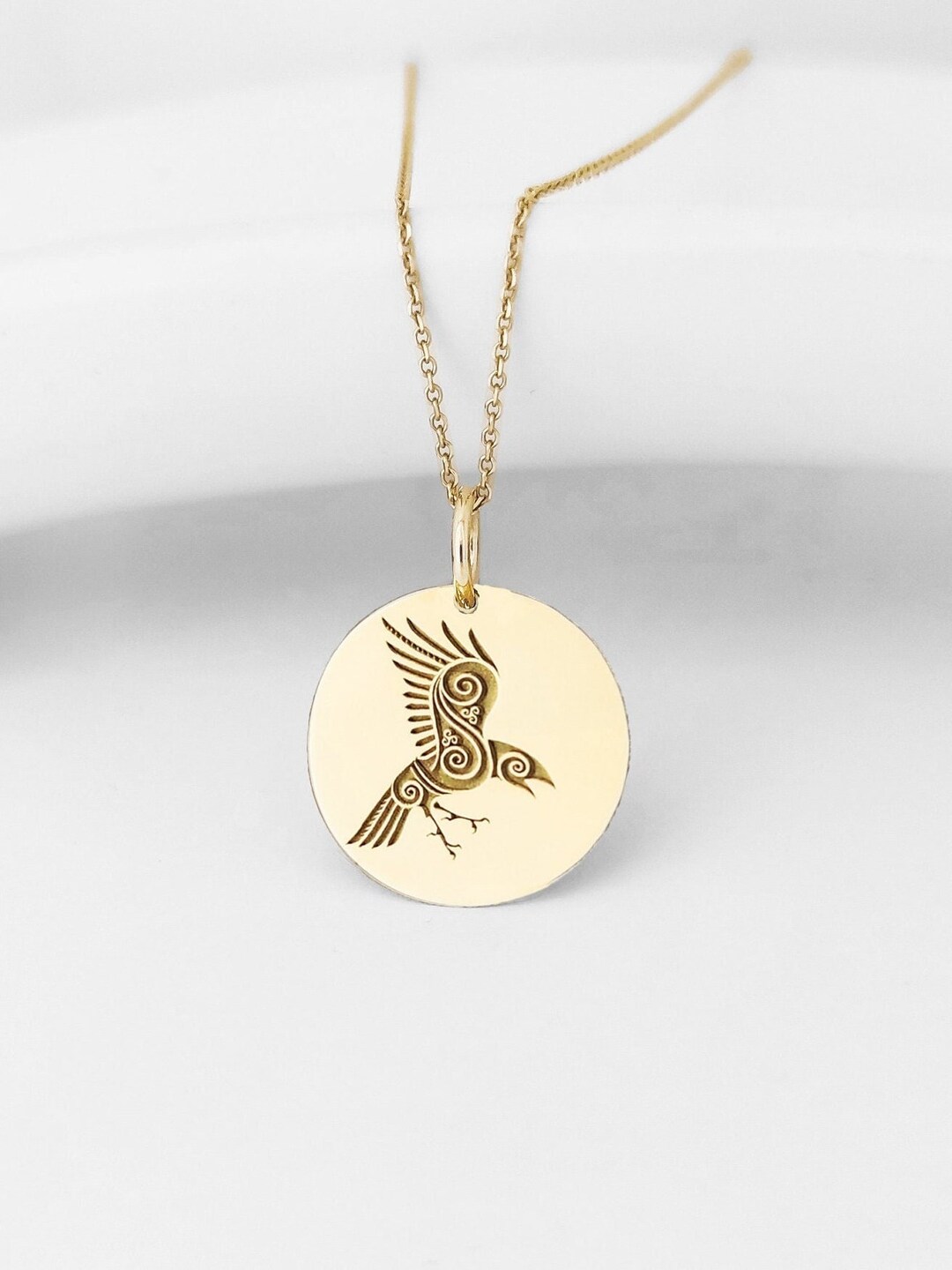 14K Real Solid Gold Celtic Crow Necklace, Personalized Crow Jewelry ...