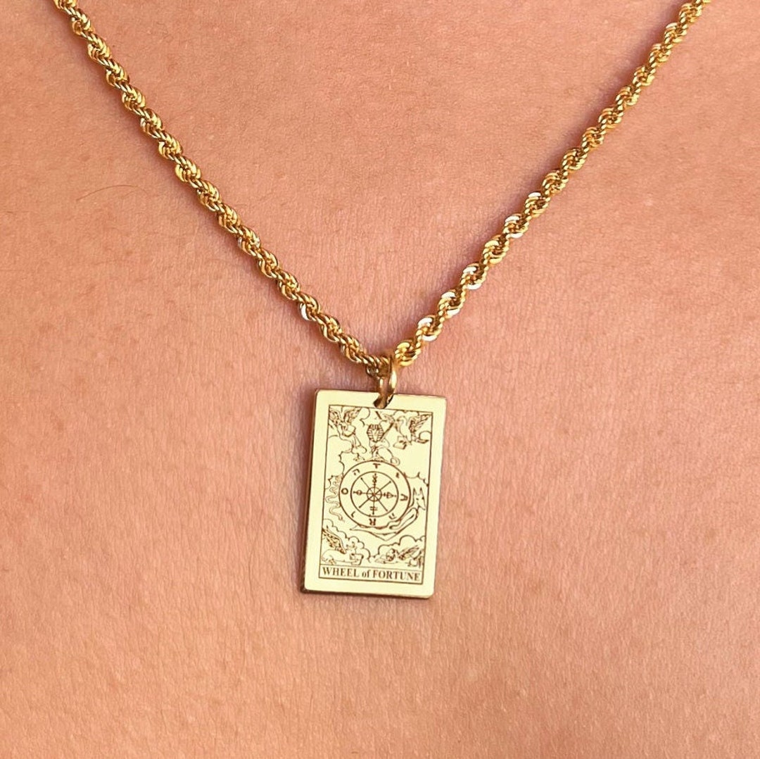 14K Gold Wheel of Fortune Necklace, Fortune Teller Pendant ...