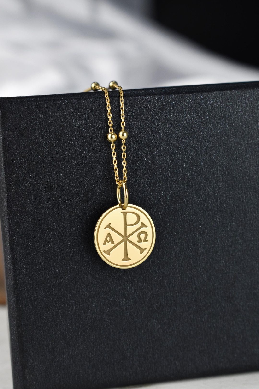 14k Solid Gold Chi Rho Necklace, Alpha Omega Pendant, Greek Orthodox ...