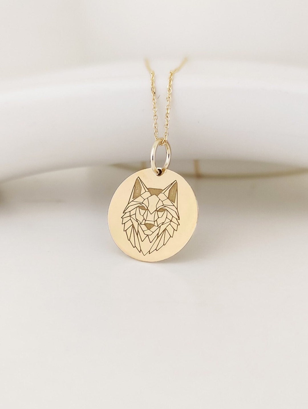 14K Solid Real Gold Wolf Necklace, Geometric Wolf Disc Pendant, Gold ...
