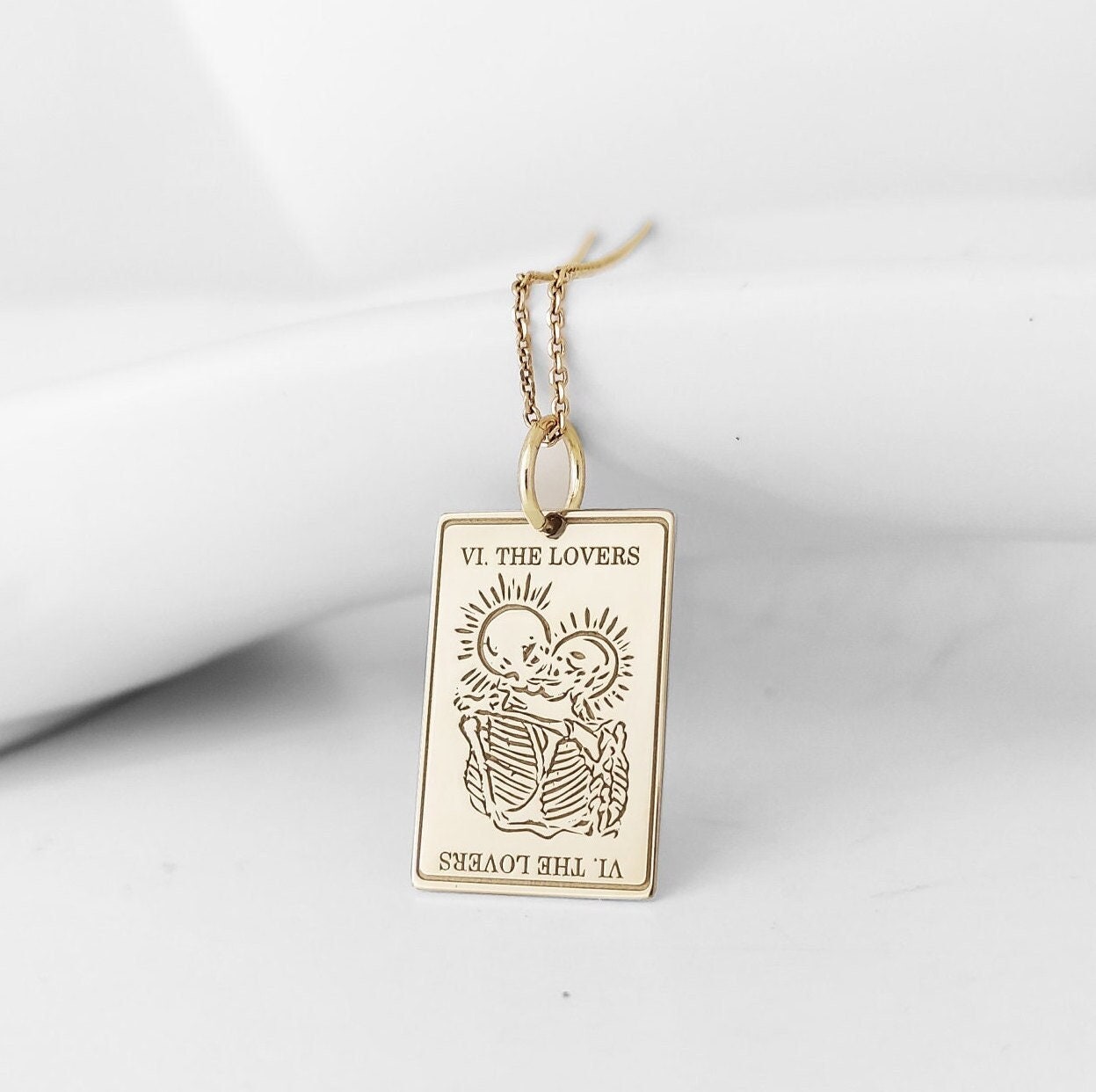 14K Solid Real Gold Lovers Tard Card Necklace Tarot Reading - Etsy
