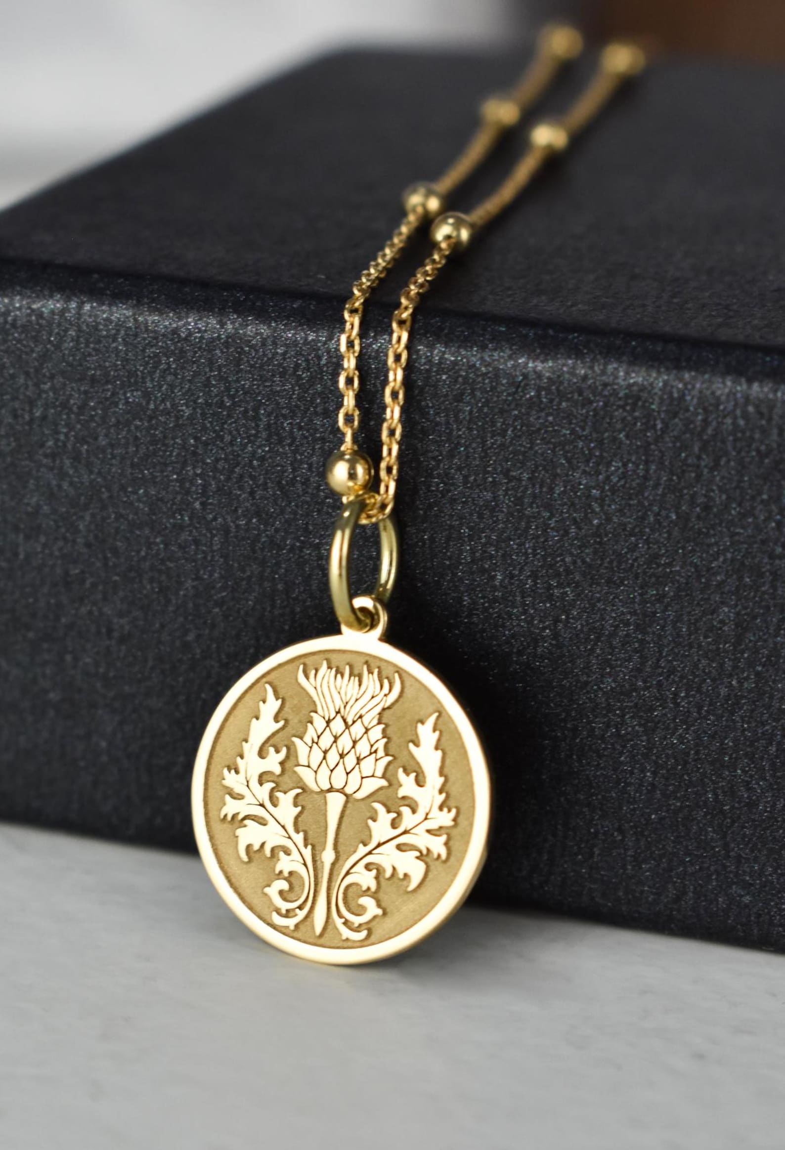 14K Solid Gold Thistle Necklace, Personalized Scottish Thistle Pendant ...