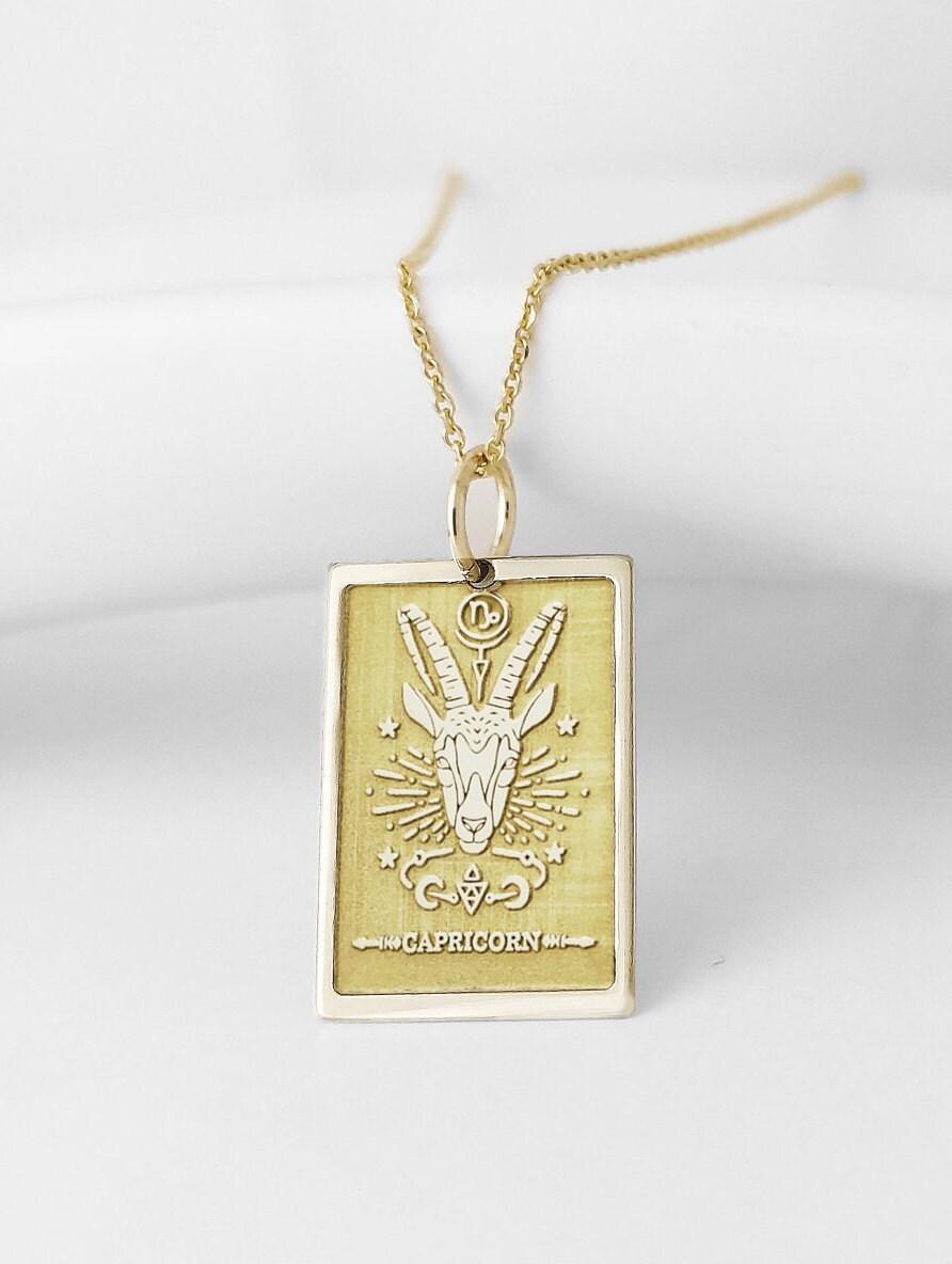14K Real Solid Gold Capricorn Zodiac Sign Tarot Card Necklace ...