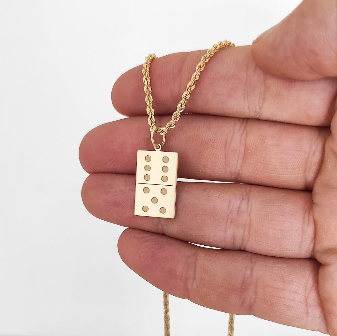 14K Gold Dominoes Tile Rope Chain Necklace, Dainty Domino Game Pendant ...