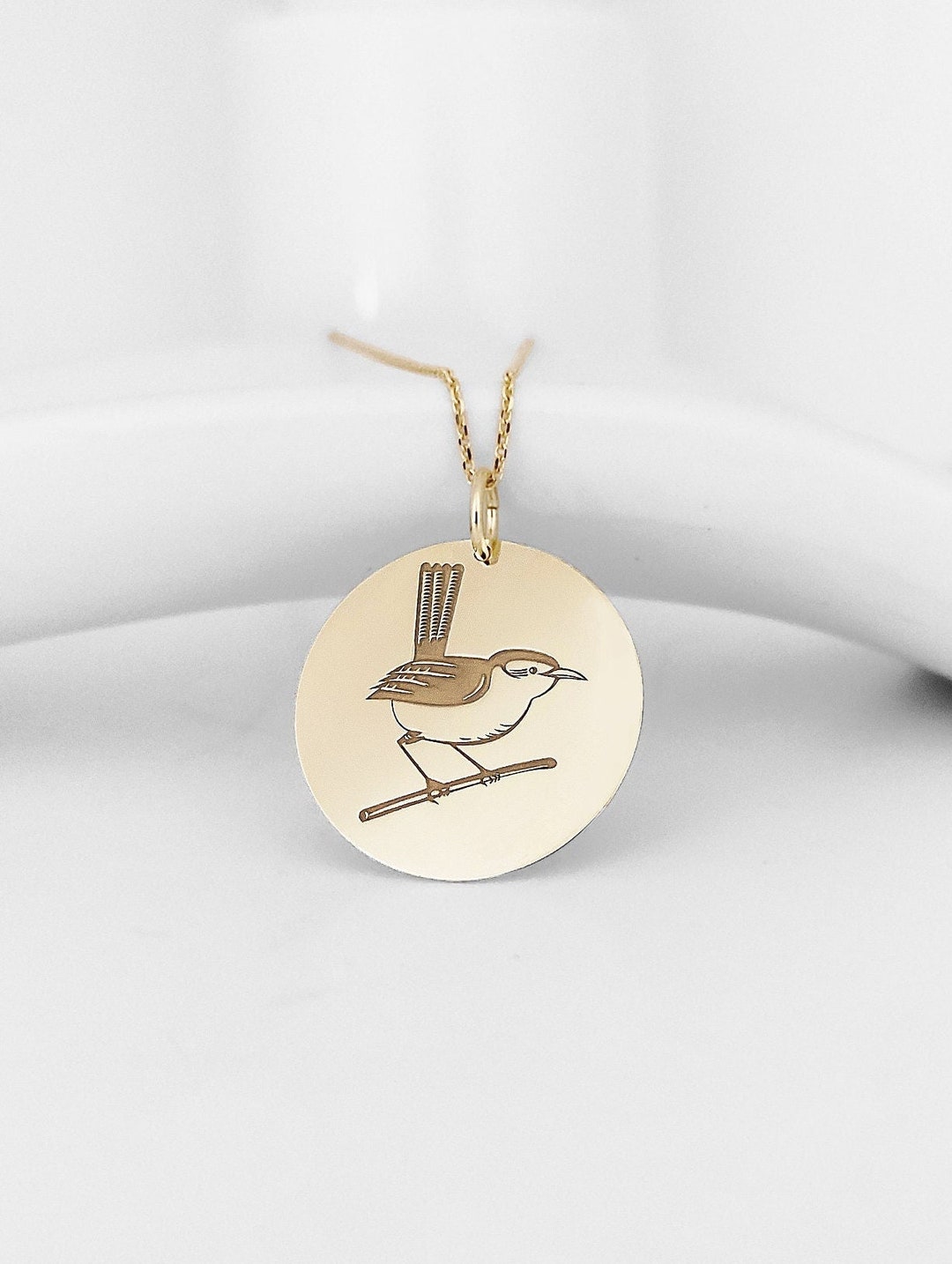 14K Real Solid Gold Wren Necklace, Gold Bird Coin Pendant, Personalized ...