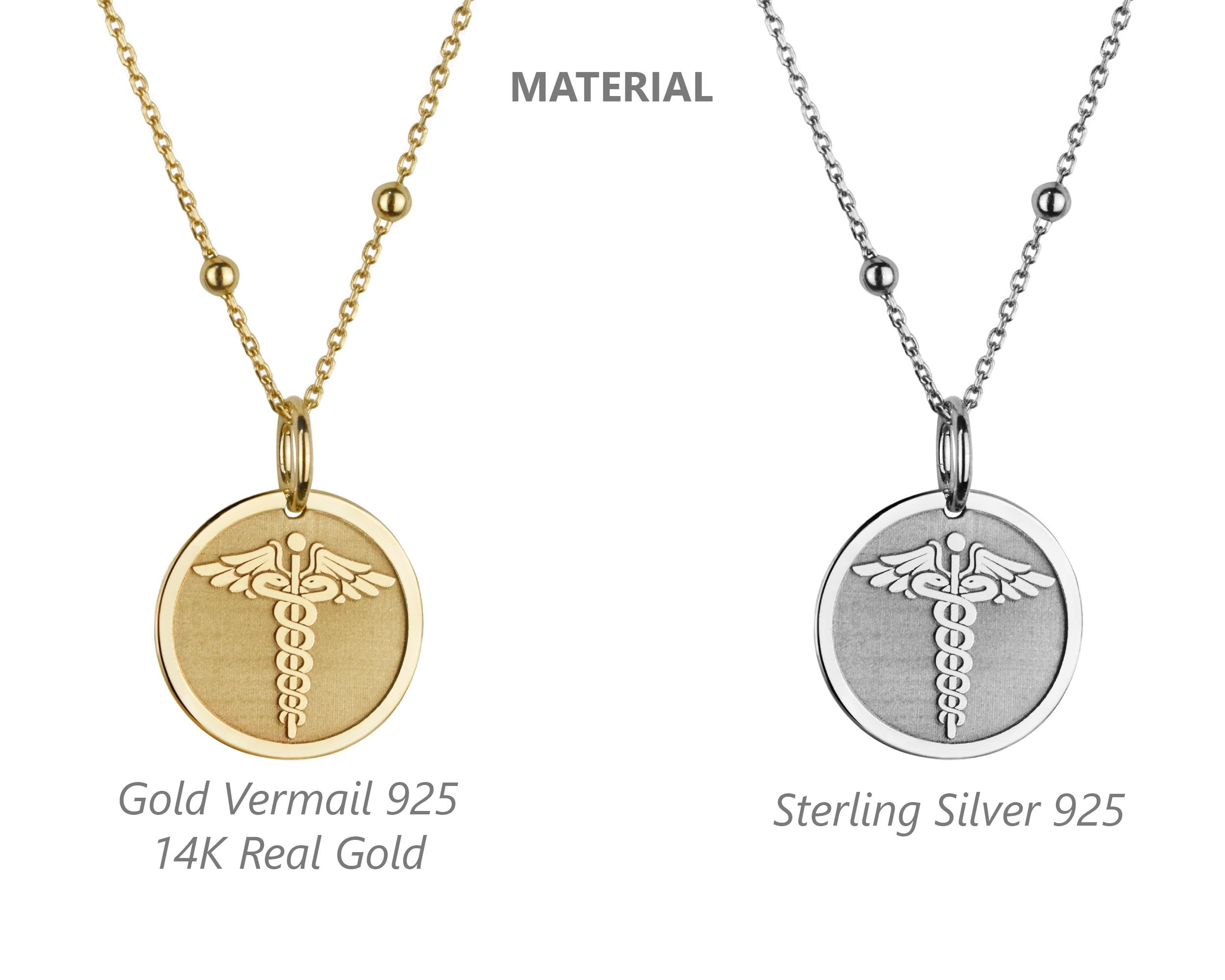 14K Solid Gold Caduceus Necklace, Medical Symbol Medallion ...