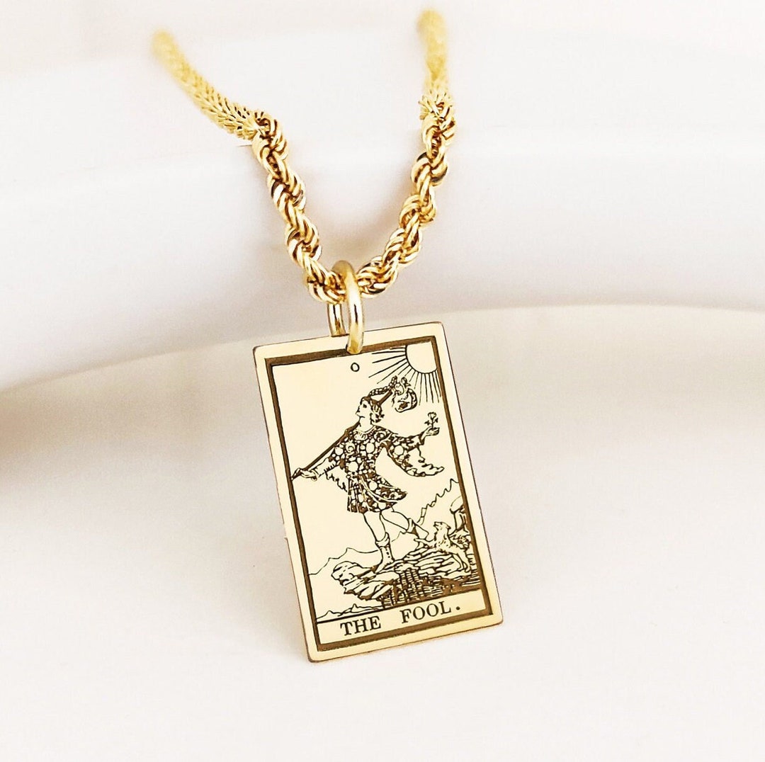 14K Gold Fool Tarot Card Necklace, Gold Witchy Pendant, Dainty Tarot ...