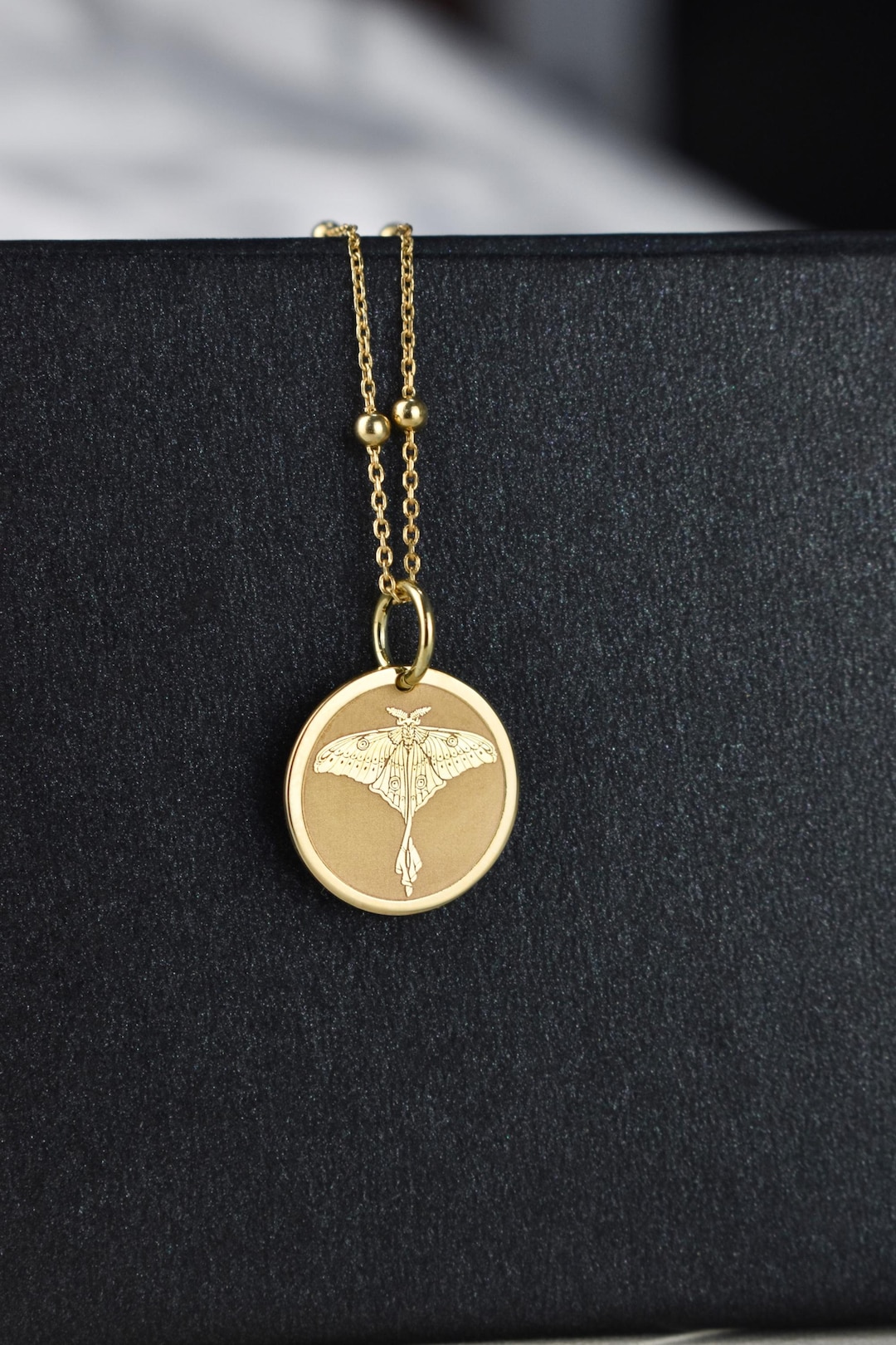 14K Solid Gold Moth Necklace, Custom Butterfly Charm, Luna Moth ...