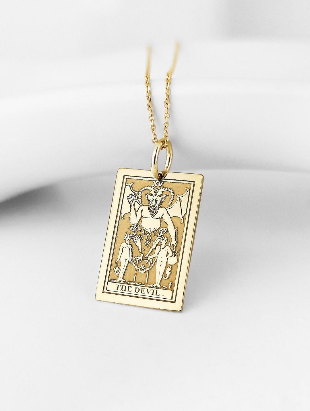 14K Solid Gold the Devil Tarot Card Pendant, Occult Tarot Card Necklace ...