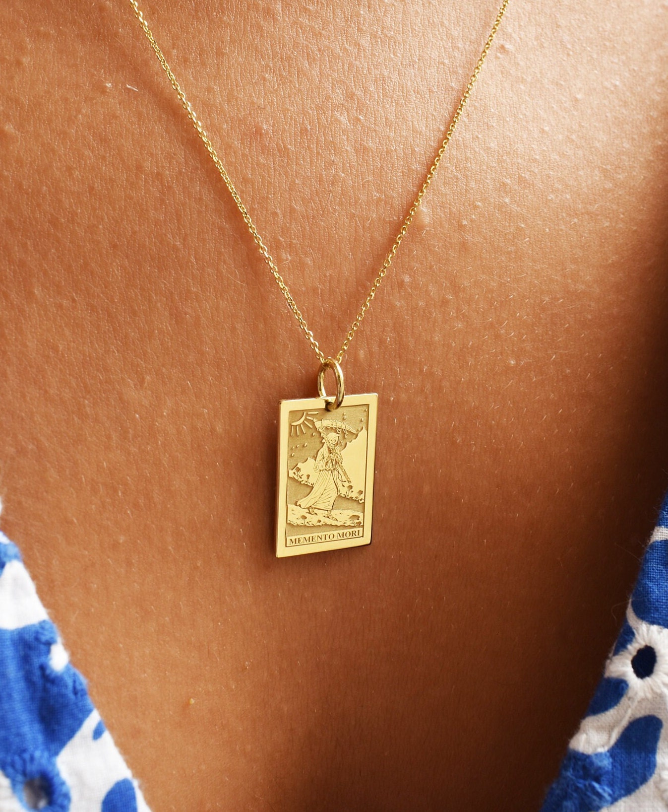 14K Solid Gold Memento Mori Tarot Card Pendant, Gold Amor Fati Necklace ...
