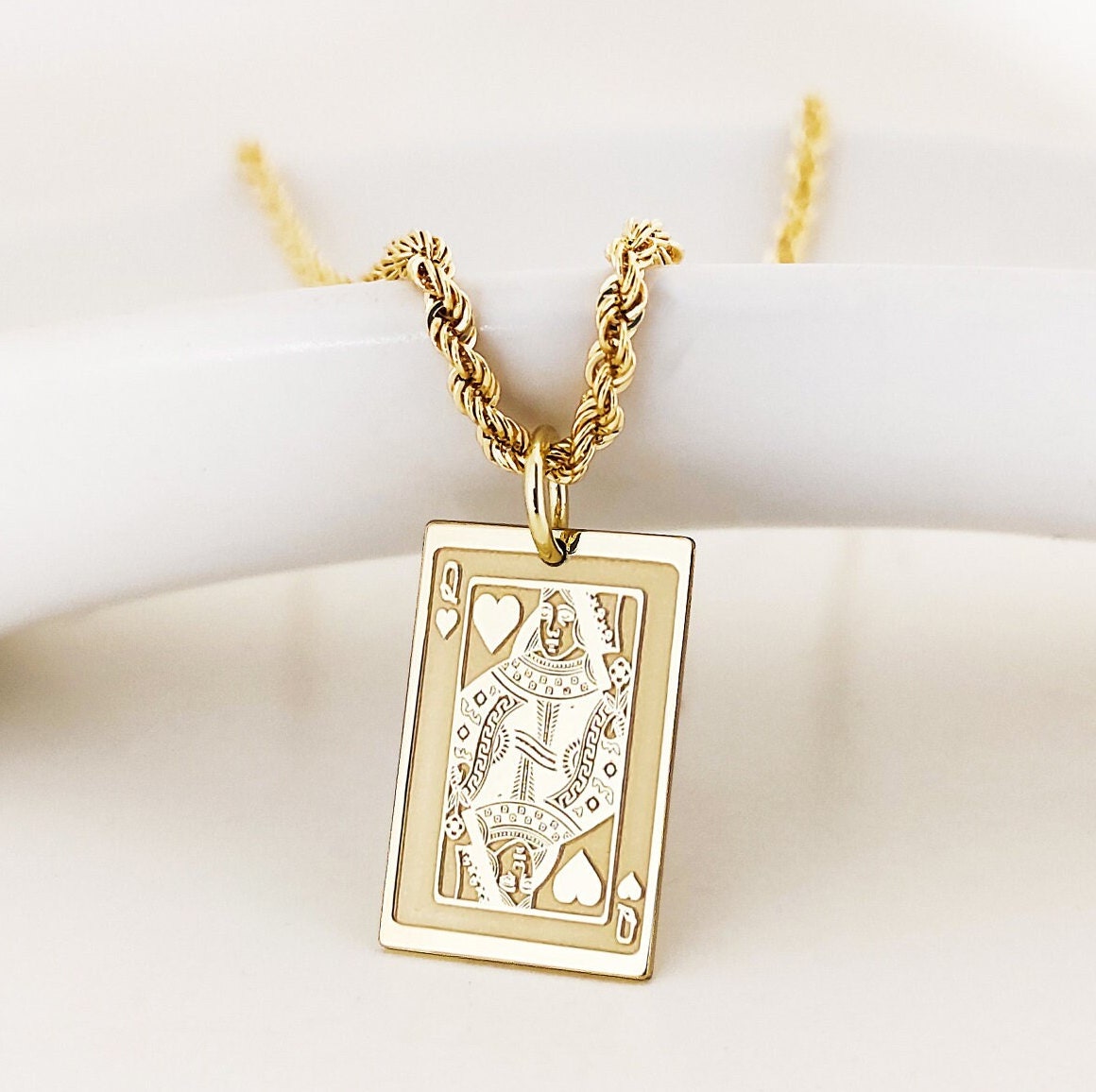 14K Gold Playing Card Queen Necklace, Rectangle Queen of Hearts Pendant ...