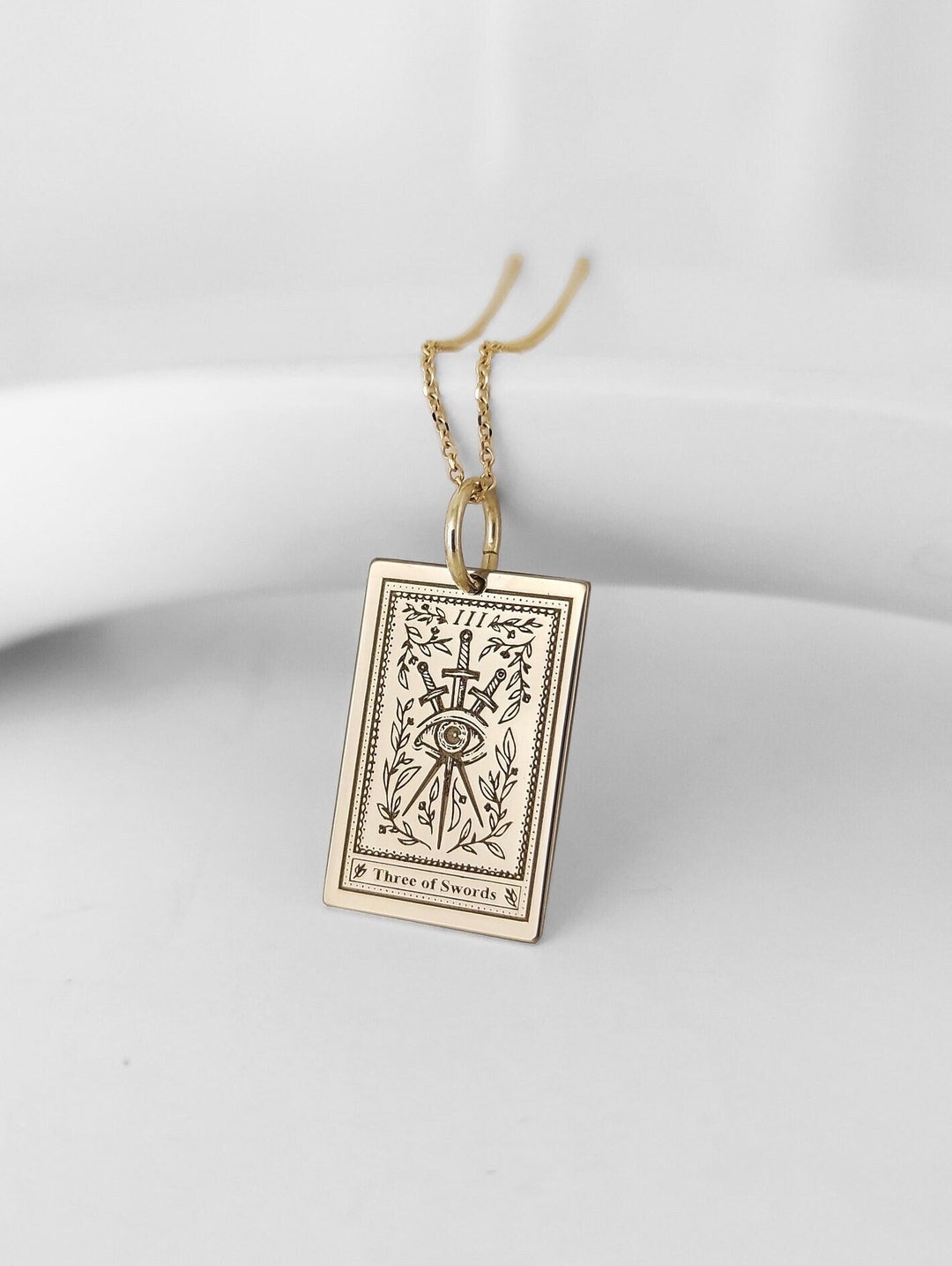 14K Solid Gold Three of Swords Tarot Card Necklace, Rider Waite Tarot ...