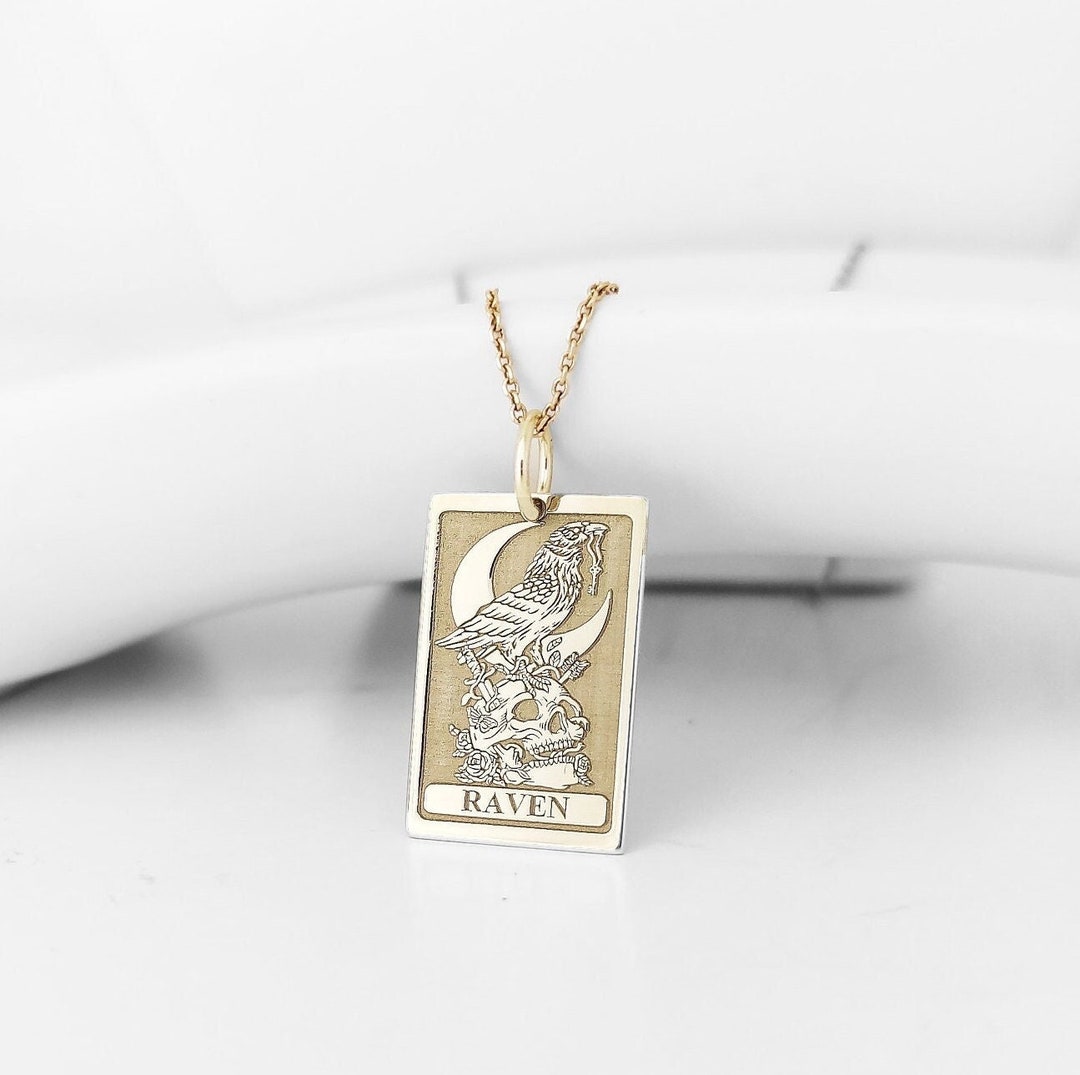 14K Real Solid Gold Raven Tarot Card Pendant, Personalized Raven ...