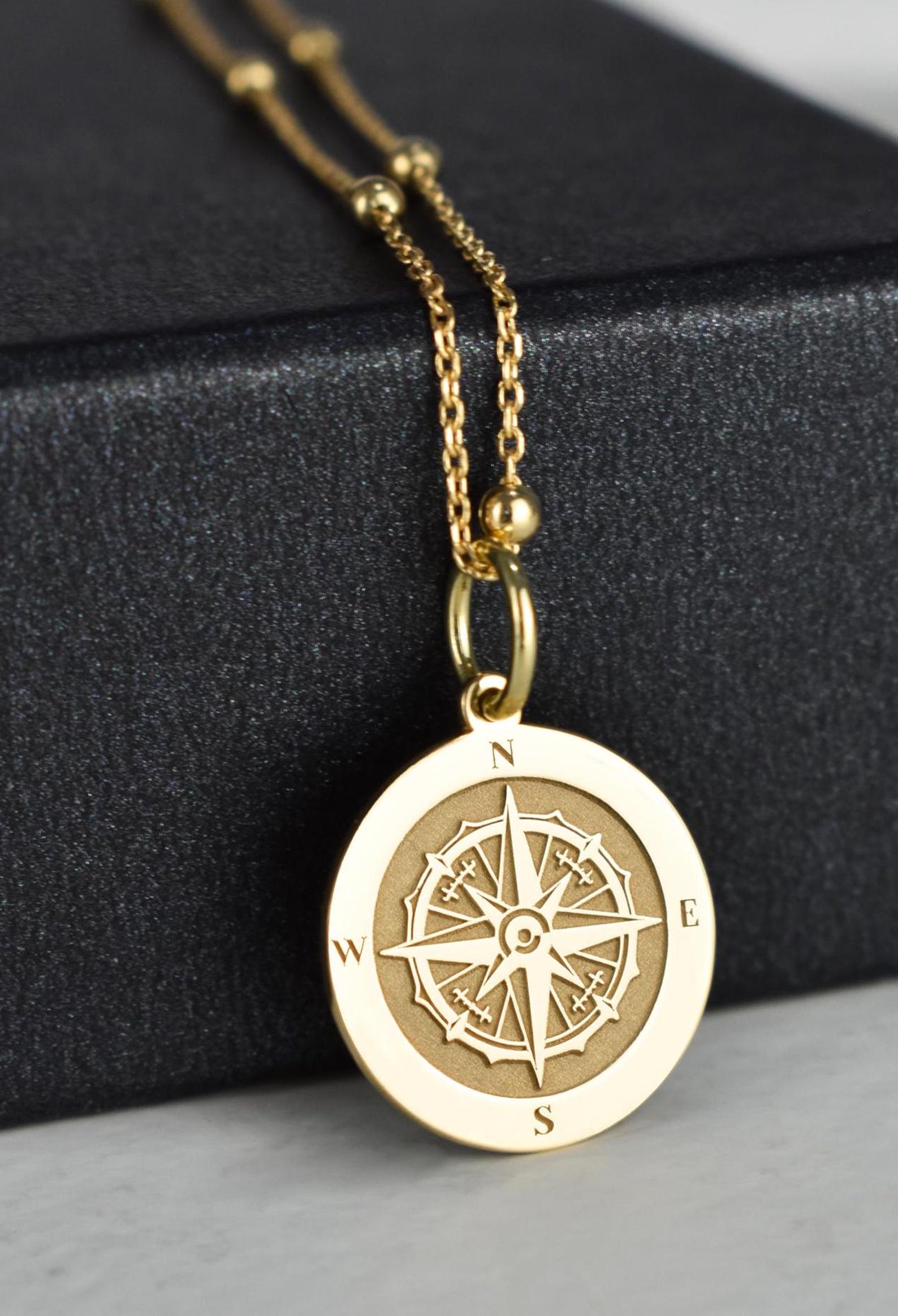 14k Solid Gold Compass Necklace, Personalized North Star Charm, Compass ...