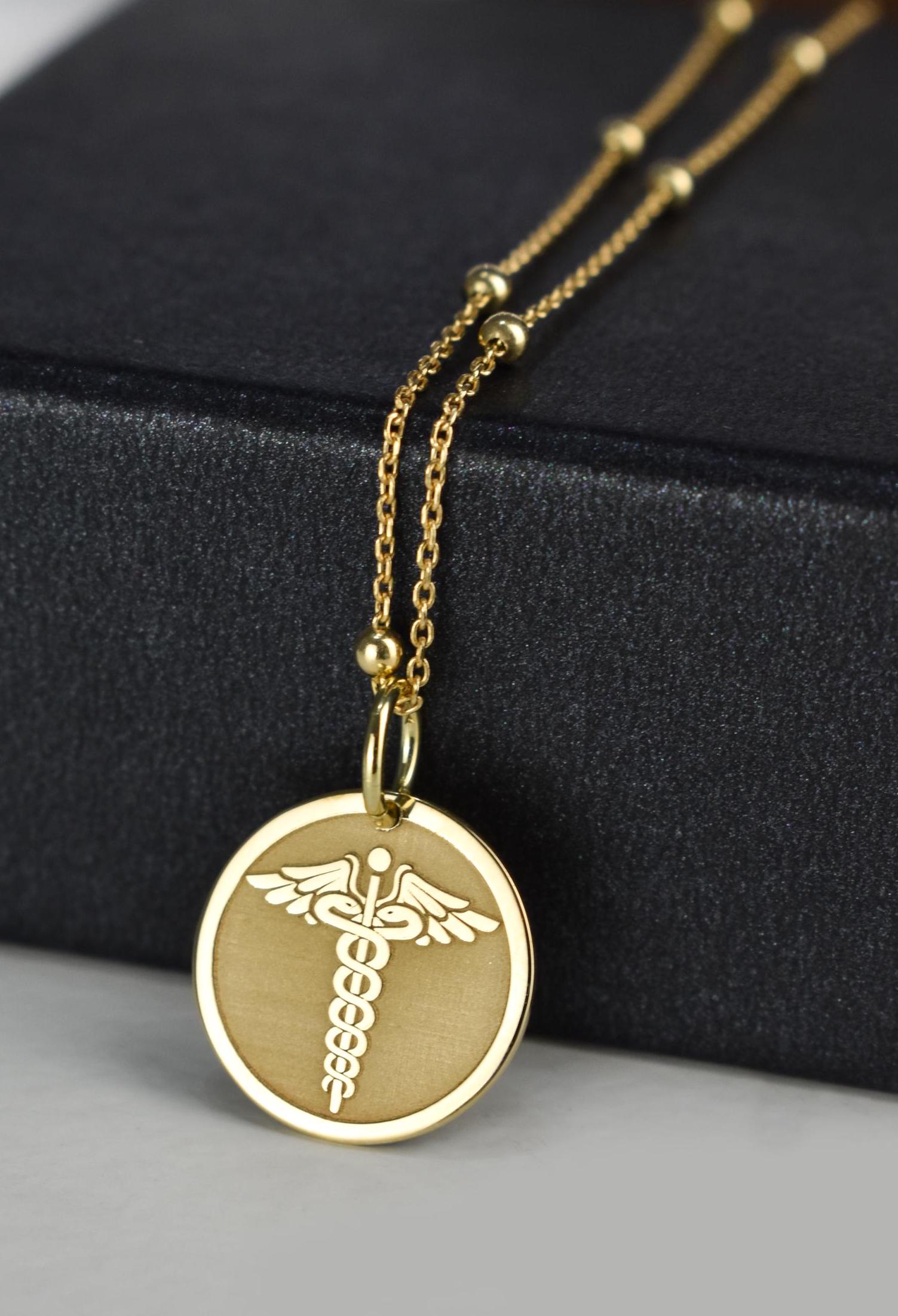 14K Solid Gold Caduceus Necklace, Medical Symbol Medallion ...