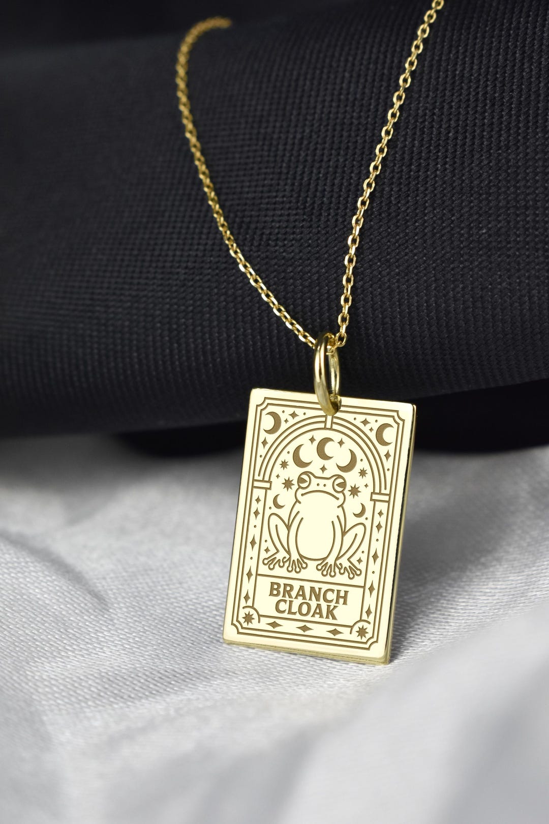 14K Gold Branch Cloak Necklace, Engraved Frog Charm, Toad Jewelry ...