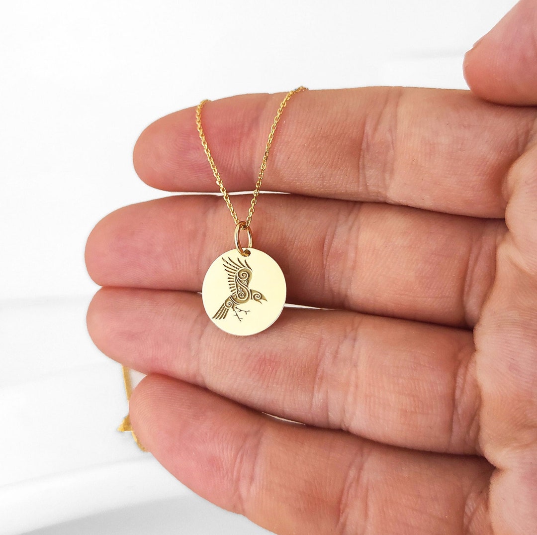 14K Solid Gold Crow Pendant, Gold Celtic Crow Bird Disc Necklace ...