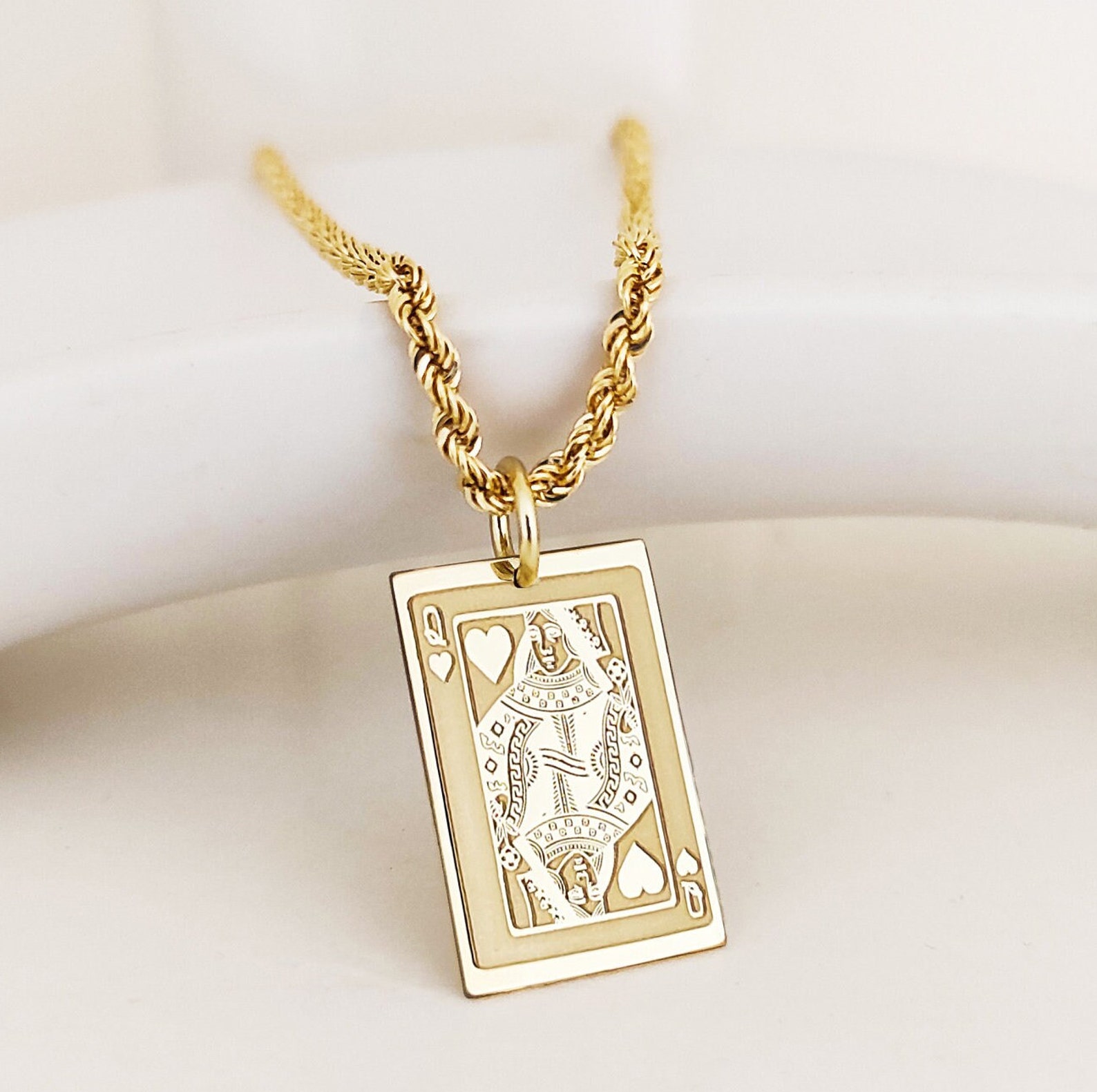 14K Gold Playing Card Queen Necklace, Rectangle Queen of Hearts Pendant ...