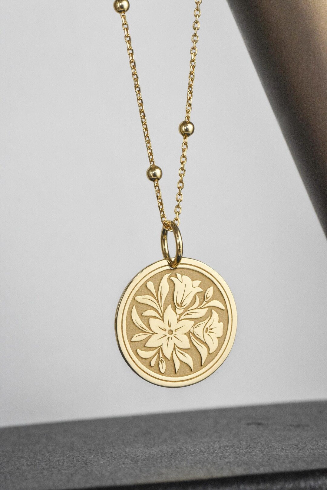 14K Solid Gold Lily Flower Necklace, Personalized Lily Birth Month ...