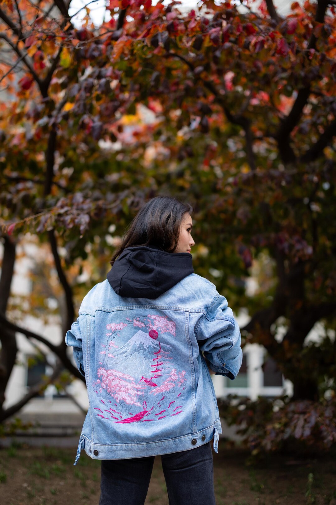 Embroidered Mount Fuji Oversized Heavy Denim Jacket: Cherry Blossoms ...