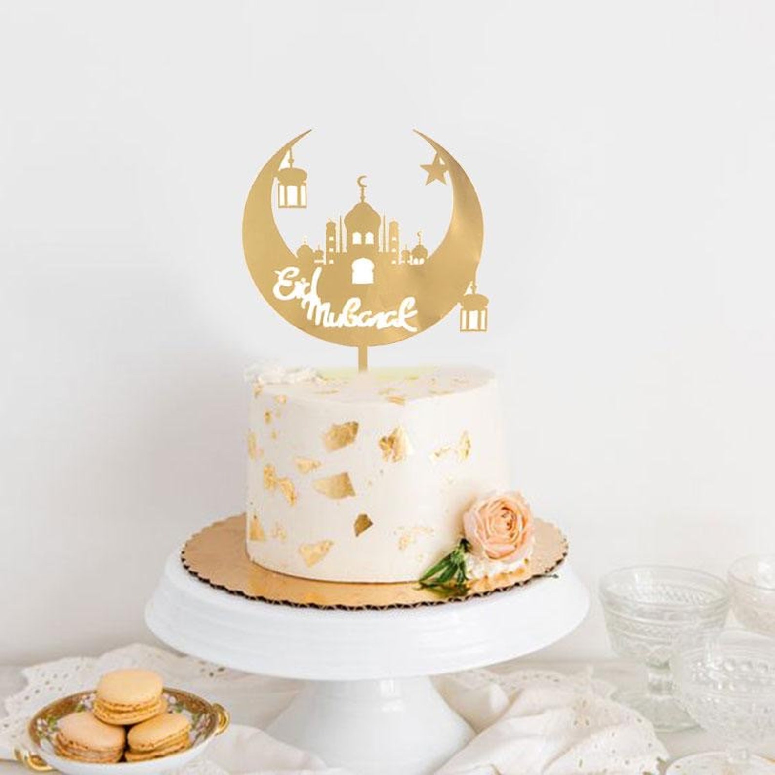 2 Pieces Eid Cake Decorations, Gold Eid Mubarak Cake Toppers Eid Baking ...