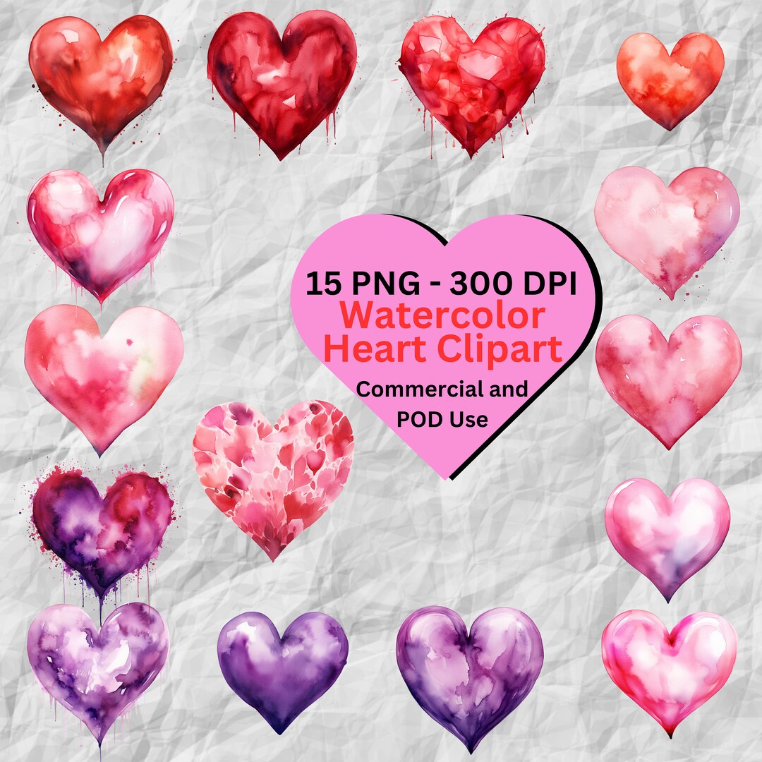 Watercolor Hearts Clipart: 15 PNG Valentine's Day Graphics (commercial ...