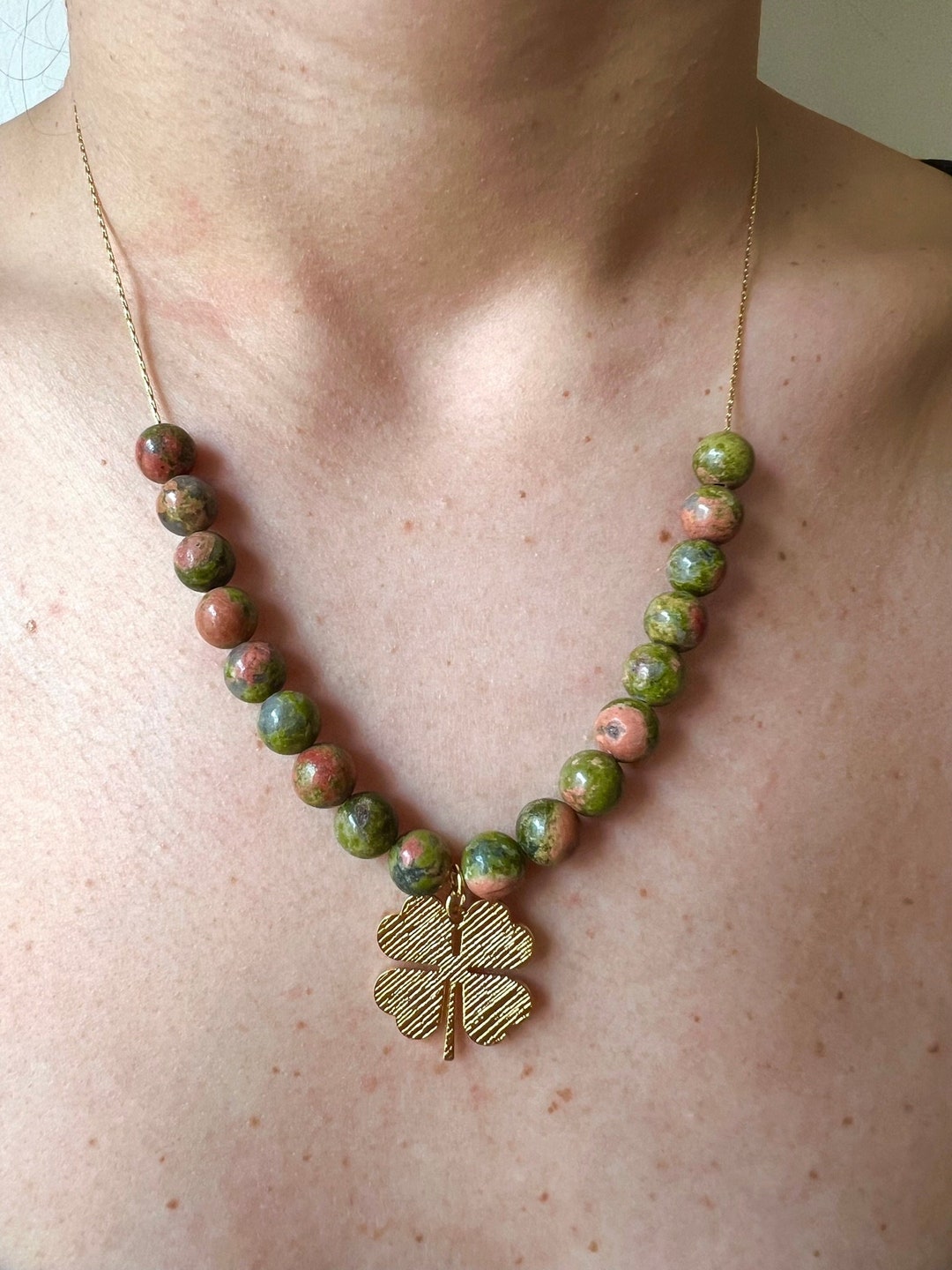 DESSA: Balances Energy, Good for Sleep. Unachite Gemstone Gold Necklace ...