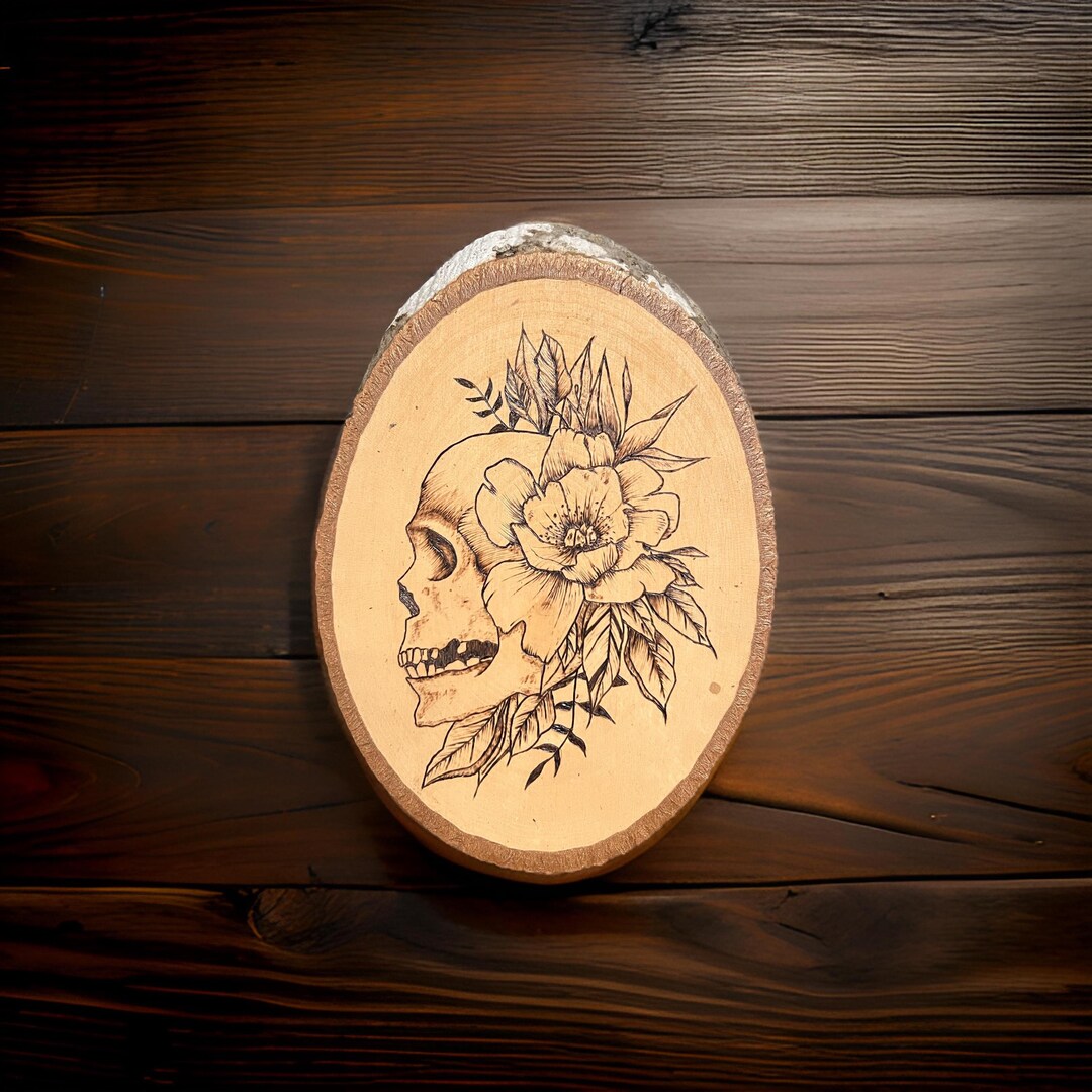 Handmade Pyrography Wall Art Skull Art Pyrography Skull and Flowers ...