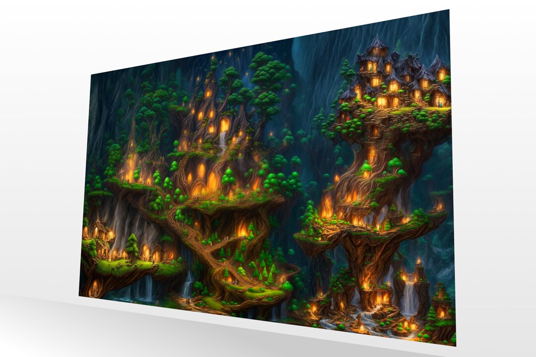 Tree House Elven City Art Print, Enchanted Forest Artwork, Whimsical ...