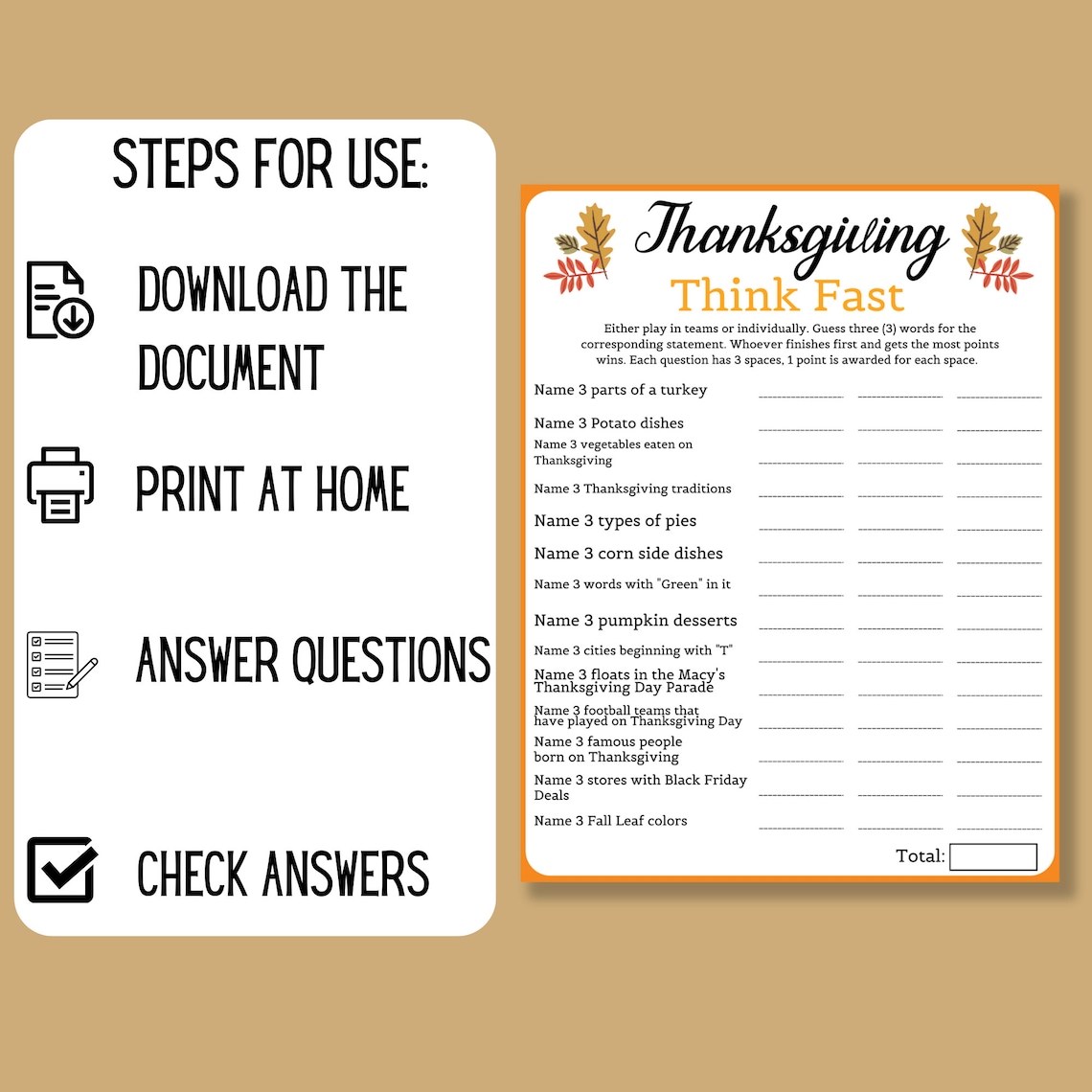 Thanksgiving Think Fast Game | Printable Thanksgiving Game ...
