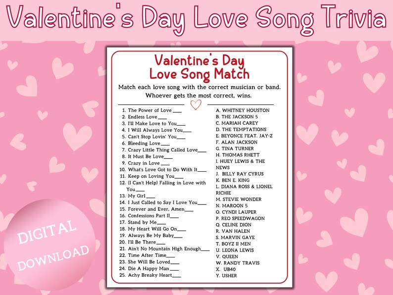 Valentine's Love Song Trivia Game丨love Song Match Game丨valentine's Day ...