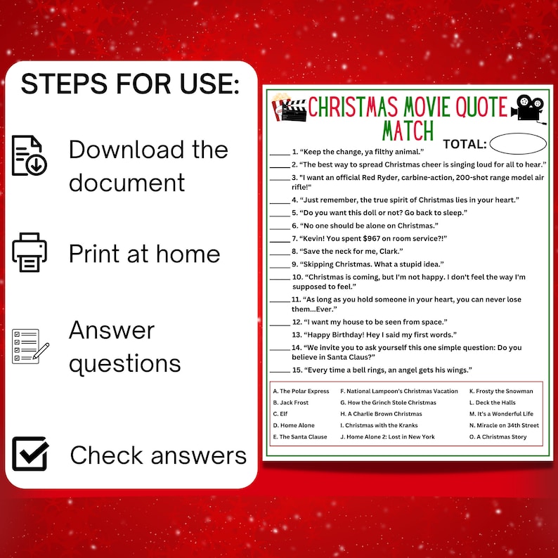 Christmas Movie Quote Trivia Game | Christmas Movie Quote Match Game ...