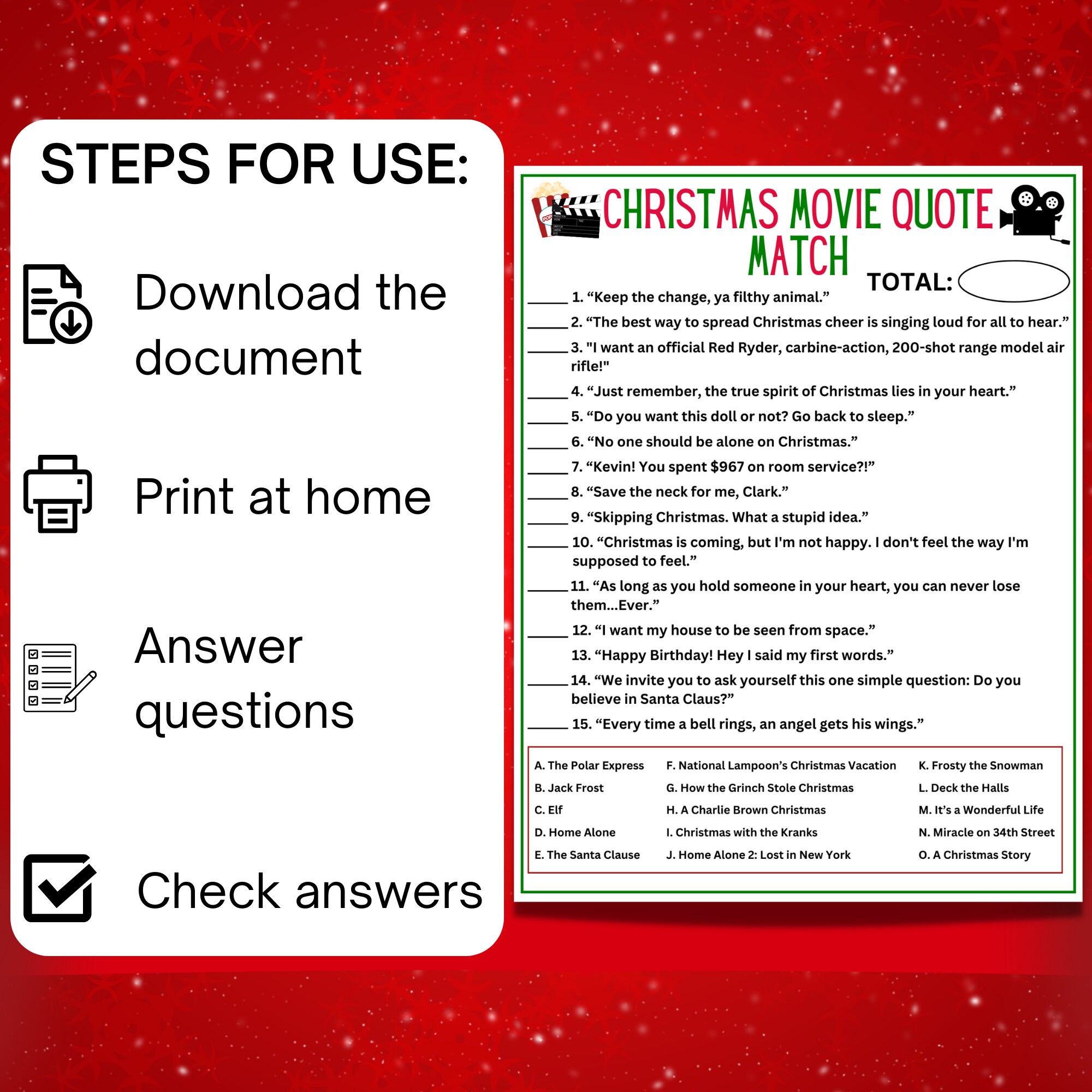 Christmas Movie Quote Trivia Game | Christmas Movie Quote Match Game ...