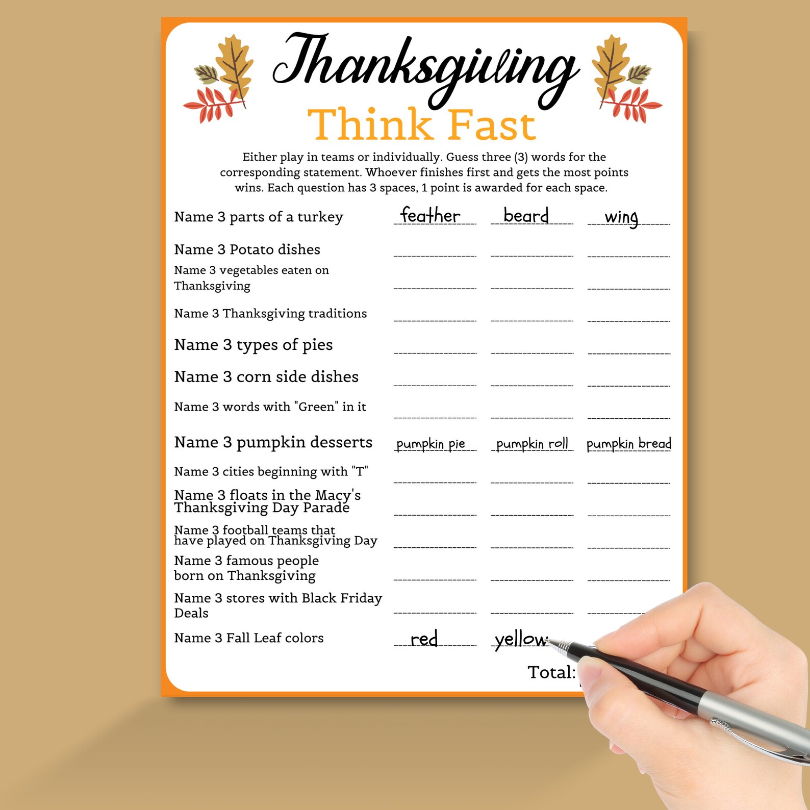 Thanksgiving Think Fast Game | Printable Thanksgiving Game ...