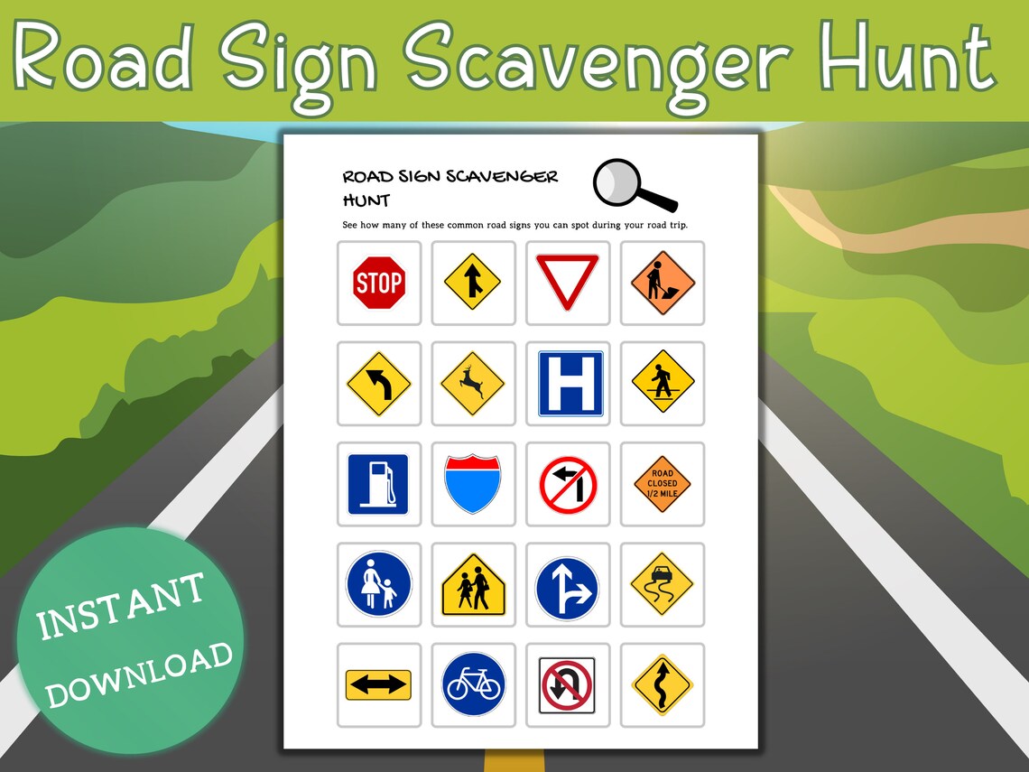 Road Sign Scavenger Hunt Game Printable Printable Travel Games Long ...