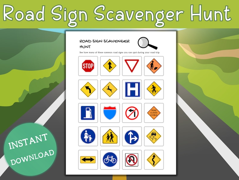 Road Sign Scavenger Hunt Game Printable | Printable Travel Games | Long ...