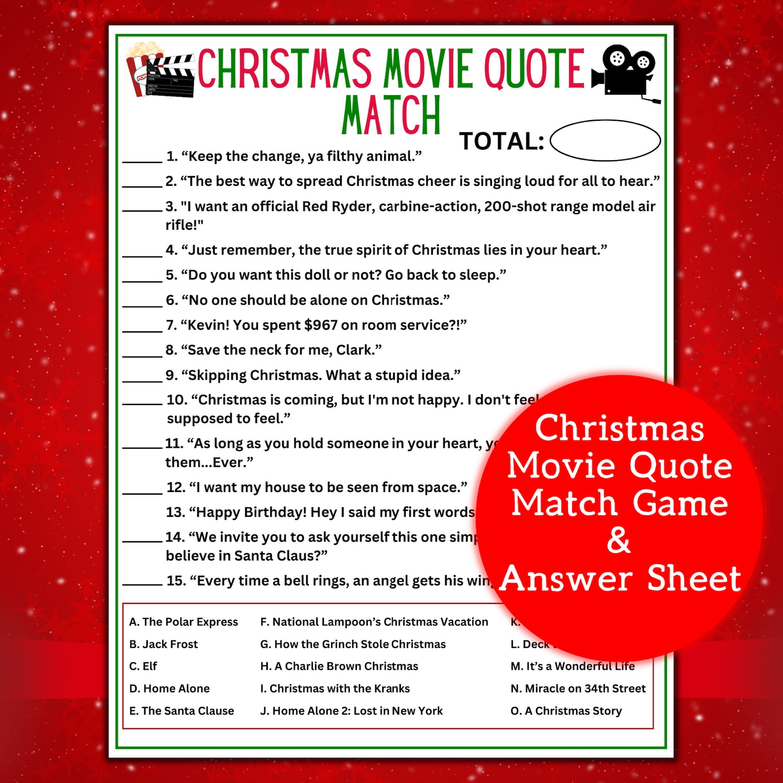 Christmas Movie Quote Trivia Game | Christmas Movie Quote Match Game ...
