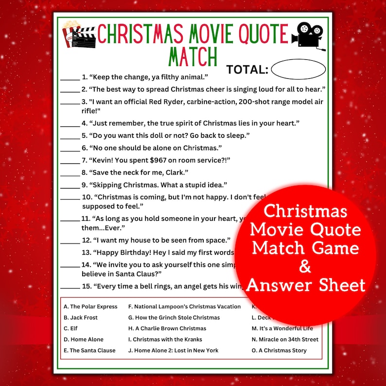 Christmas Movie Quote Trivia Game | Christmas Movie Quote Match Game ...