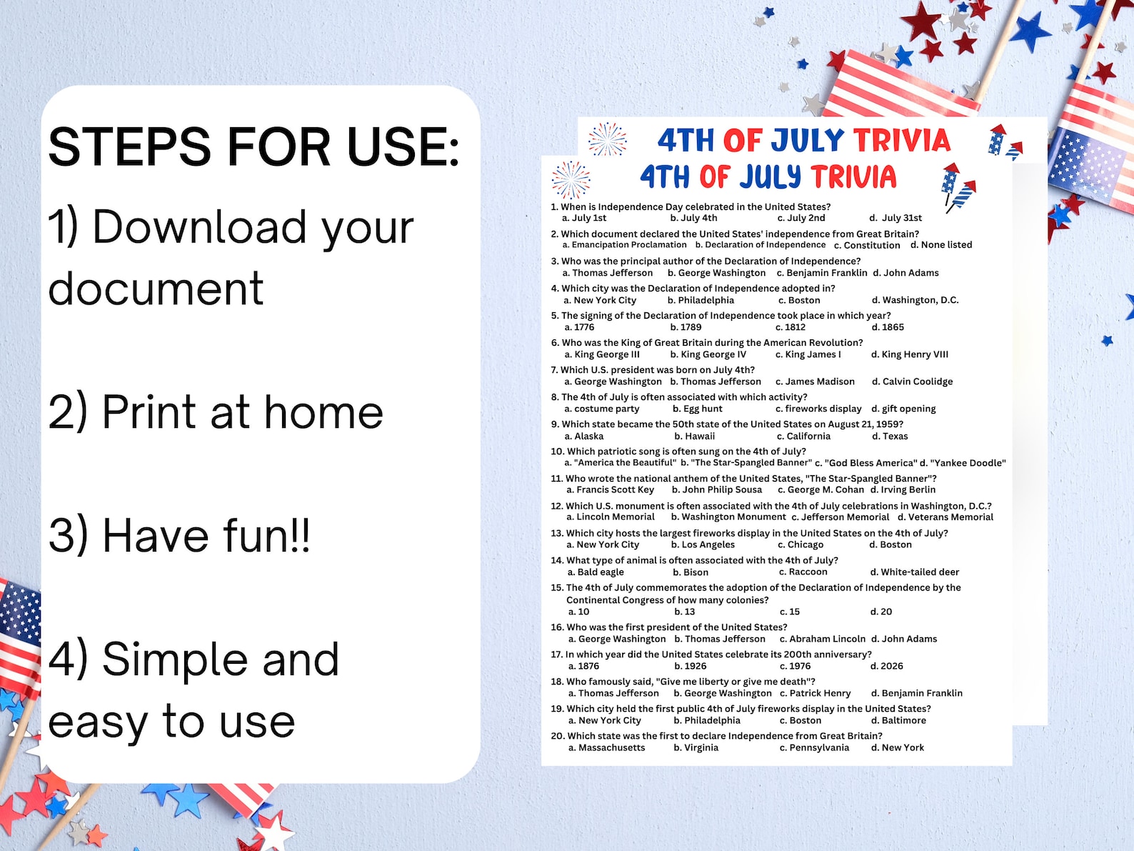 Printable USA Trivia Game | Independence Day Trivia Printable | 4th of ...