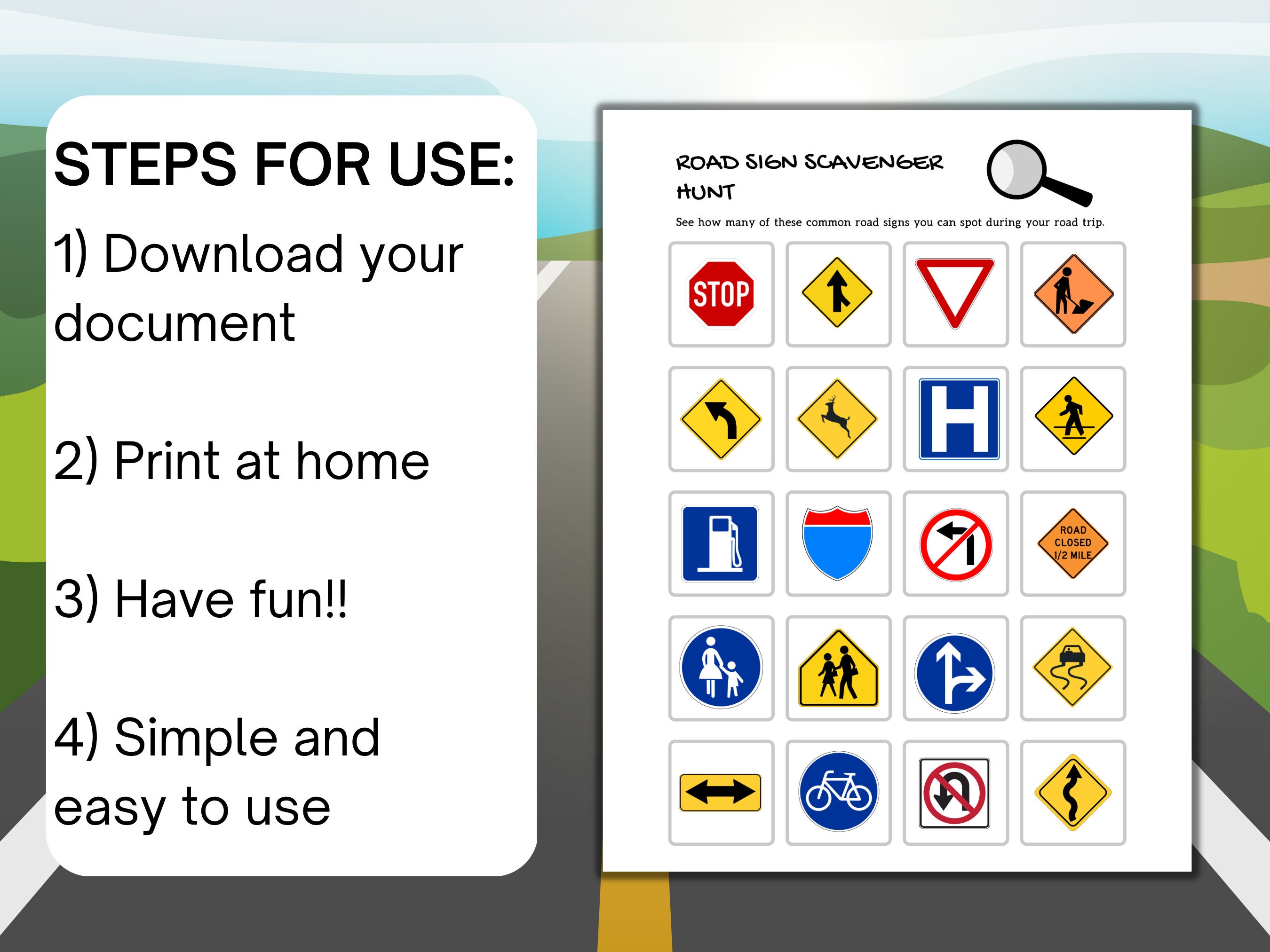 Road Sign Scavenger Hunt Game Printable | Printable Travel Games | Long ...