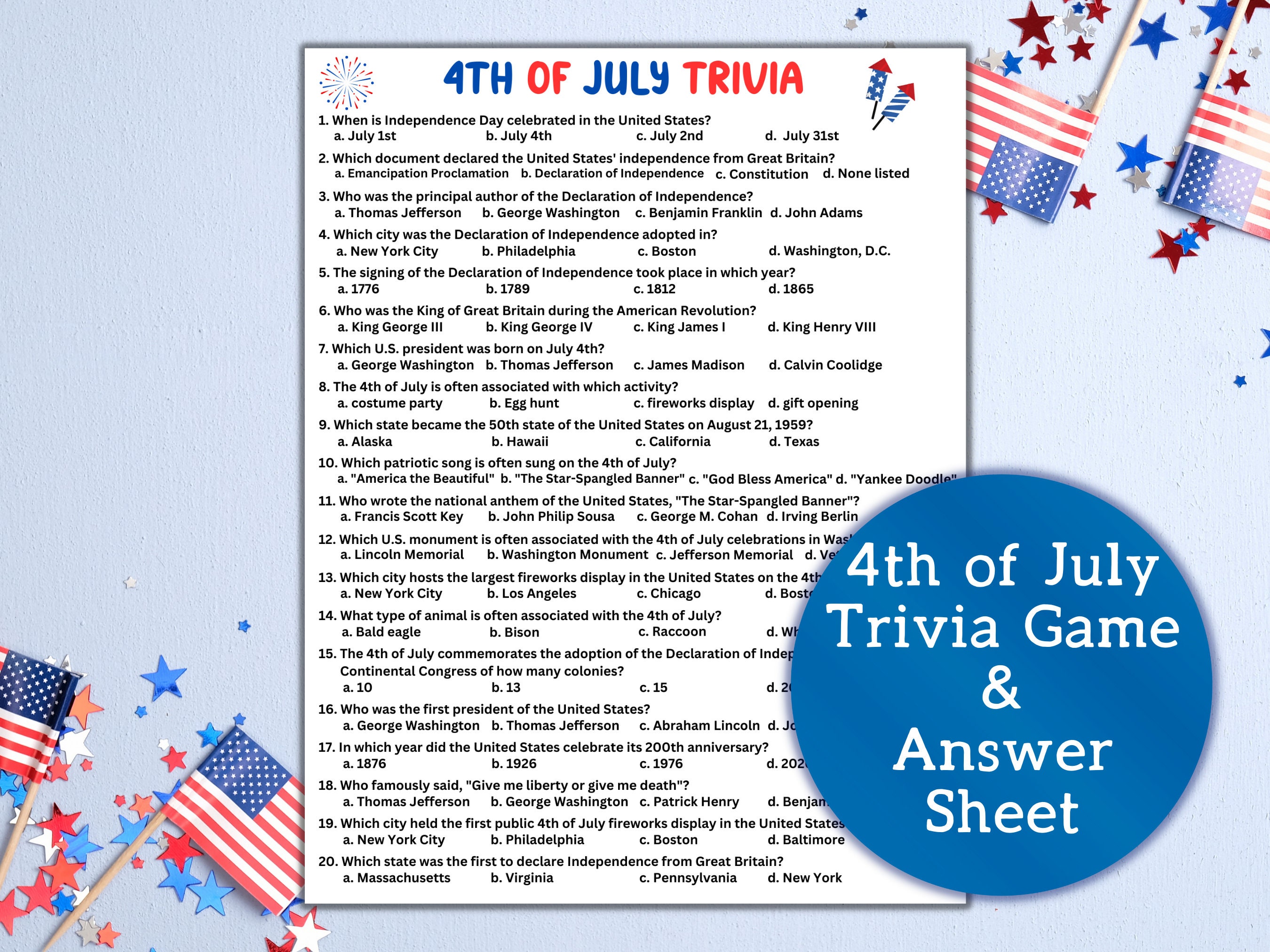 Printable USA Trivia Game | Independence Day Trivia Printable | 4th of ...