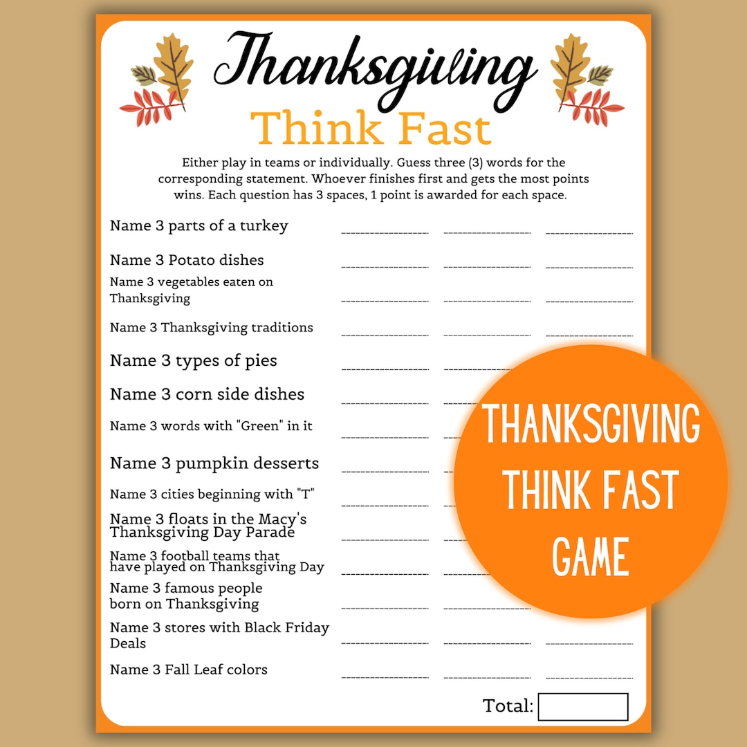 Thanksgiving Think Fast Game | Printable Thanksgiving Game ...